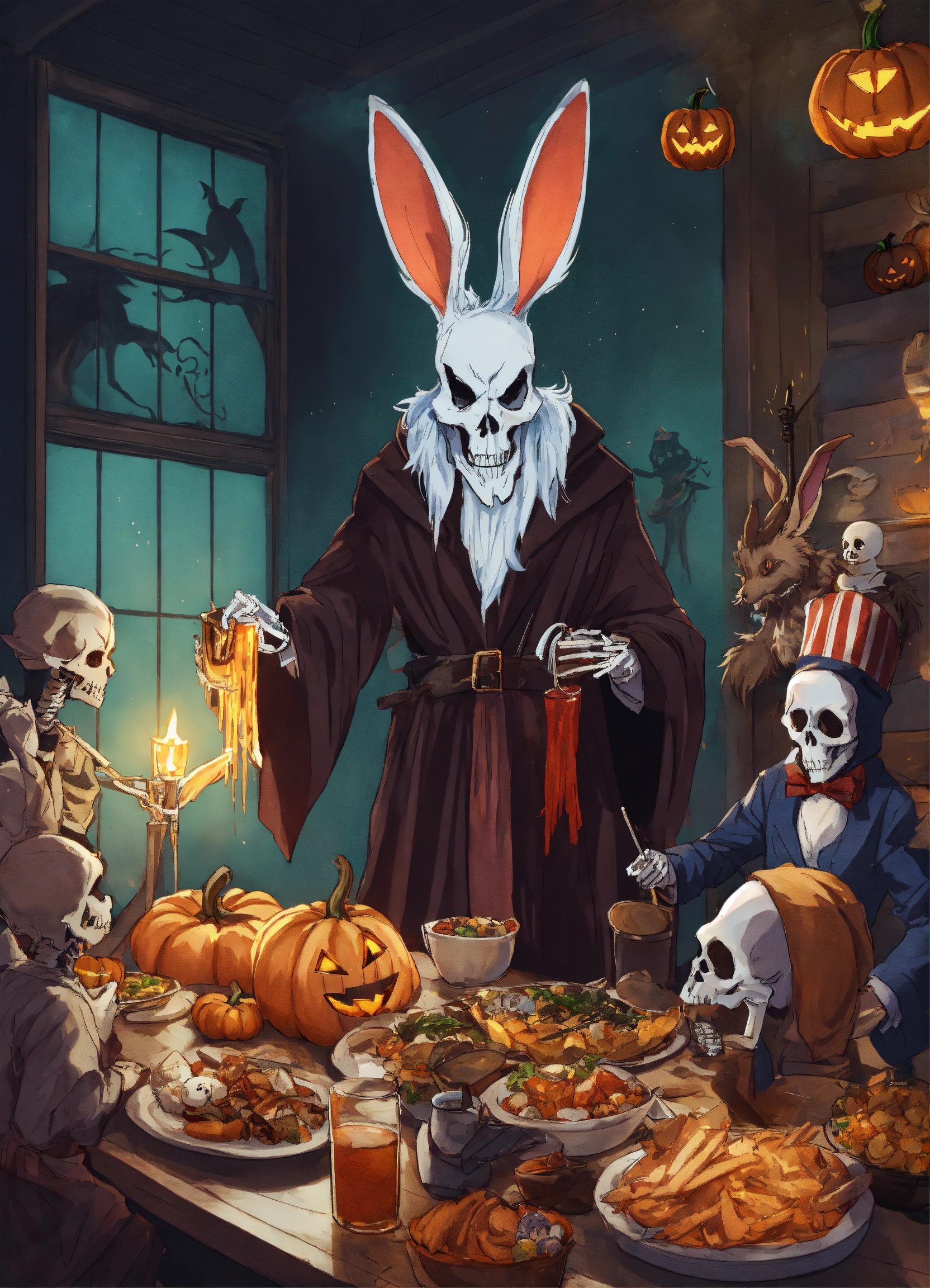 Lexica - Skeletal Grim Reaper in a dark robe, ghost, Halloween Bunny ...