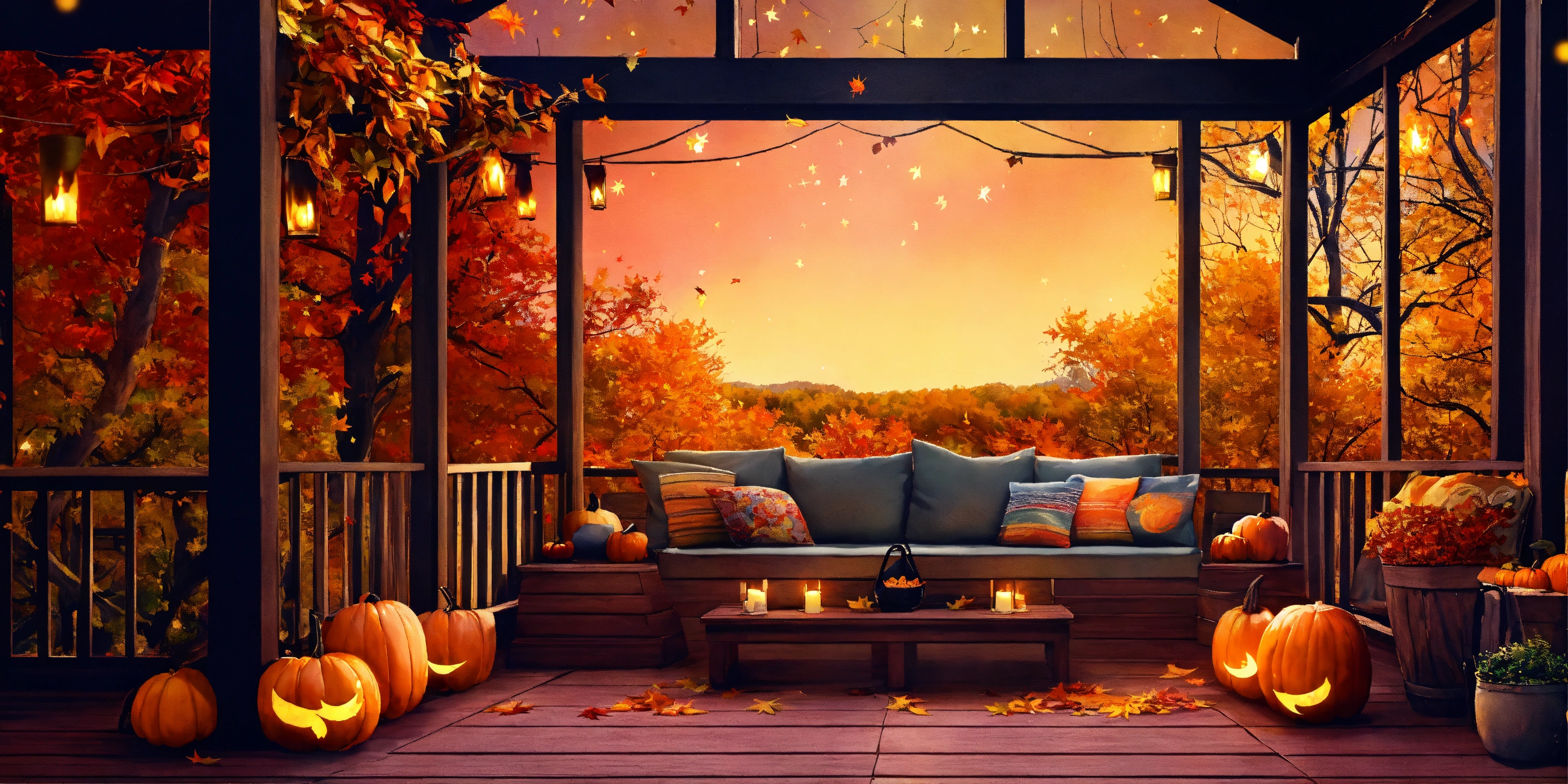 Lexica - Fall theme patio, big comfy couch, fluffy rug, fall leaves ...