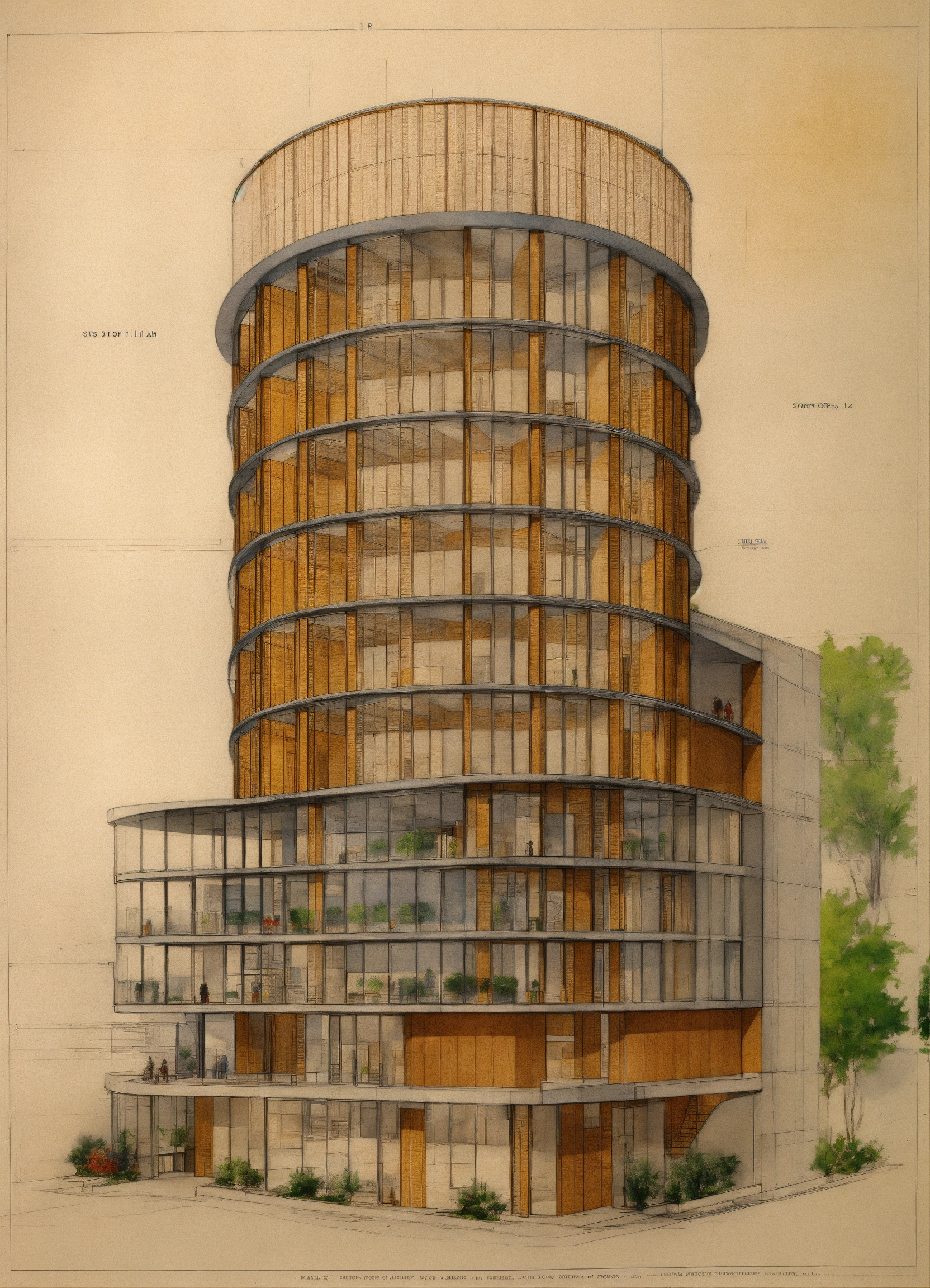 Lexica - Building plans draft, 10 stories building, curved wall