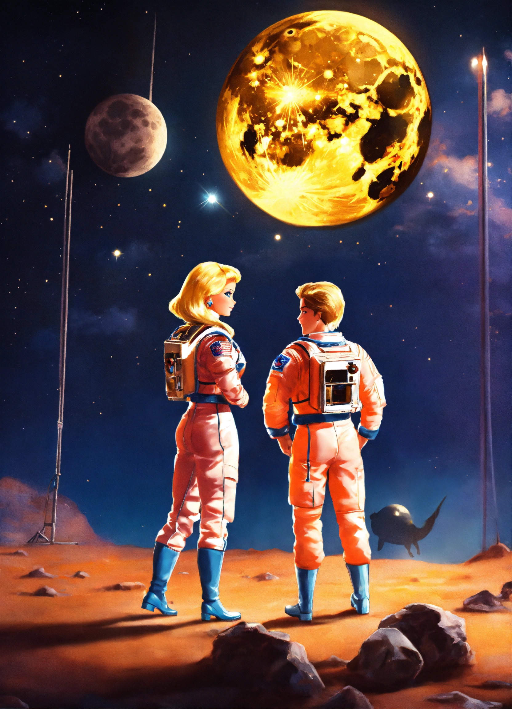 Lexica - Barbie and Ken, who went into space, watch the moon view together.