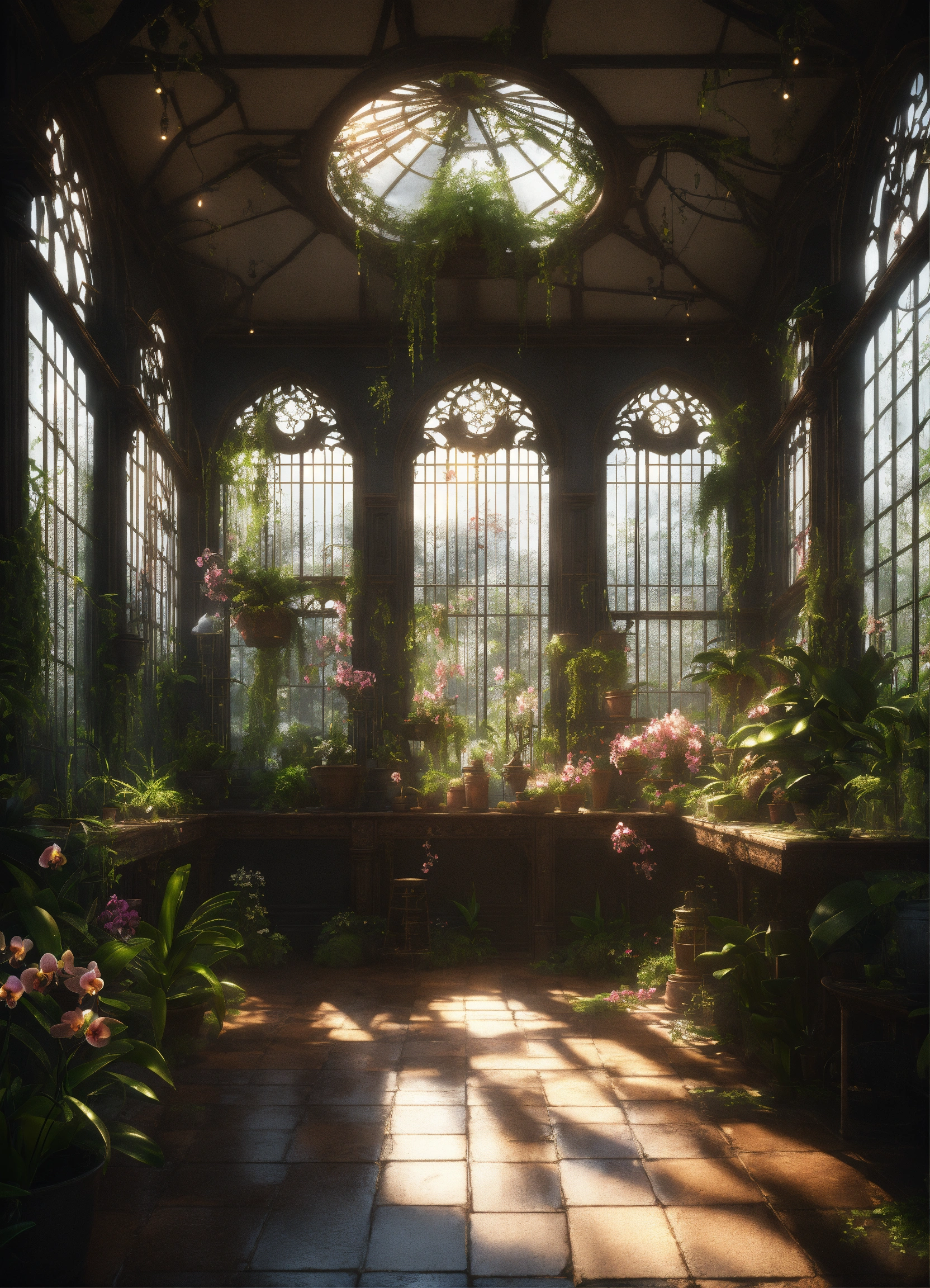 Lexica - Interior an old greenhouse overgrown with orchids, gothic ...