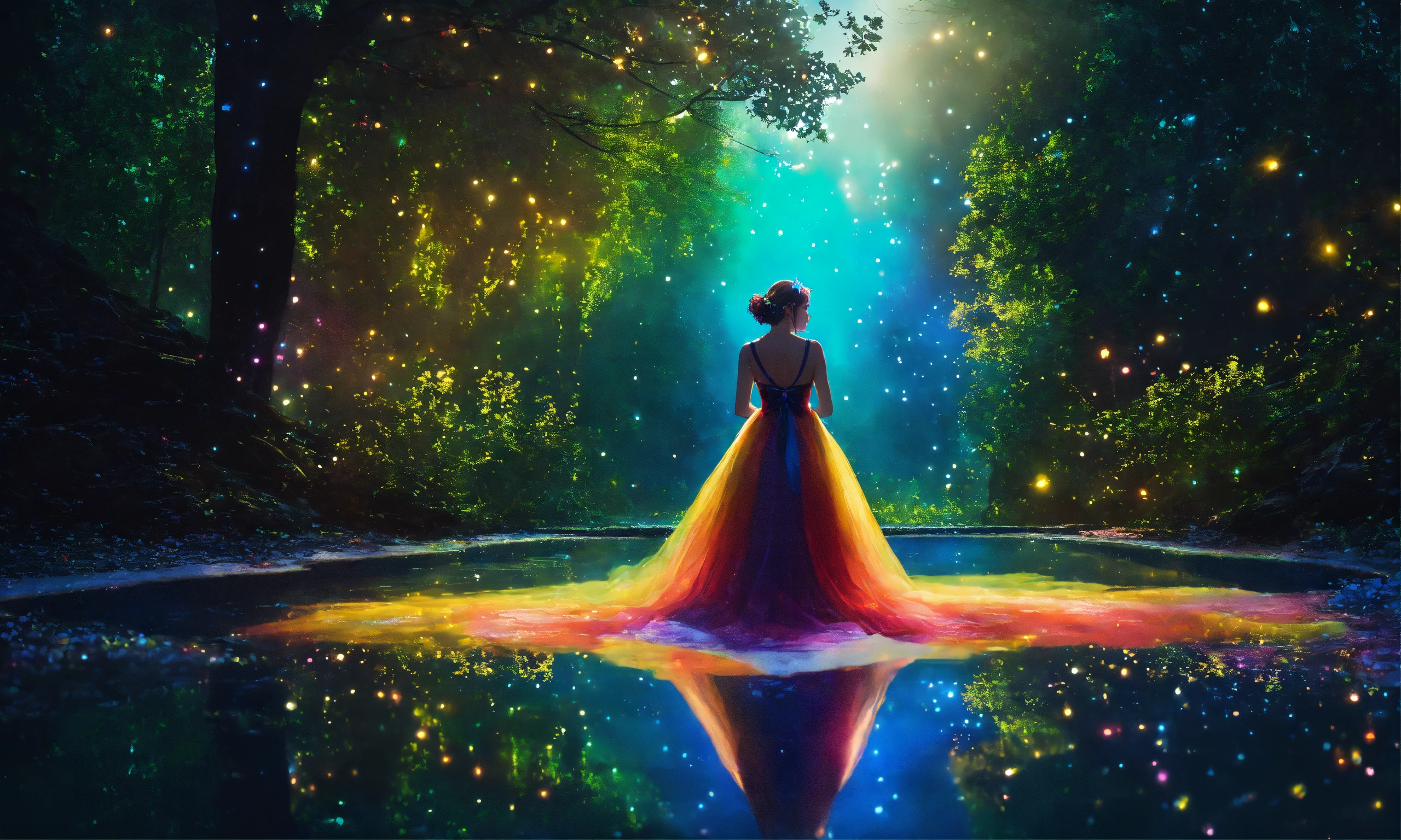 Lexica - Beautiful rainbow fairy in a tulle dress in a reflection pool ...