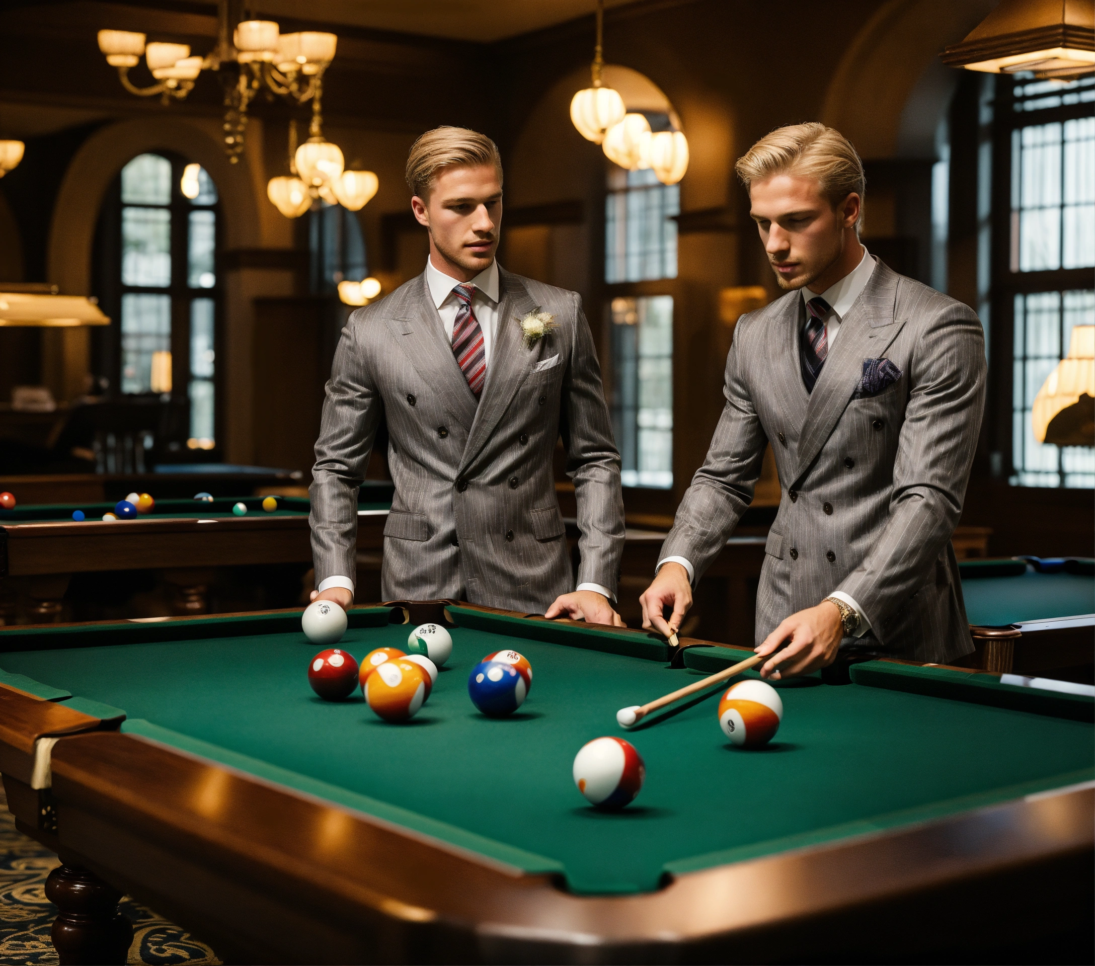 Lexica - Two young blonde male sportsmen in silk satin grey pinstripe ...