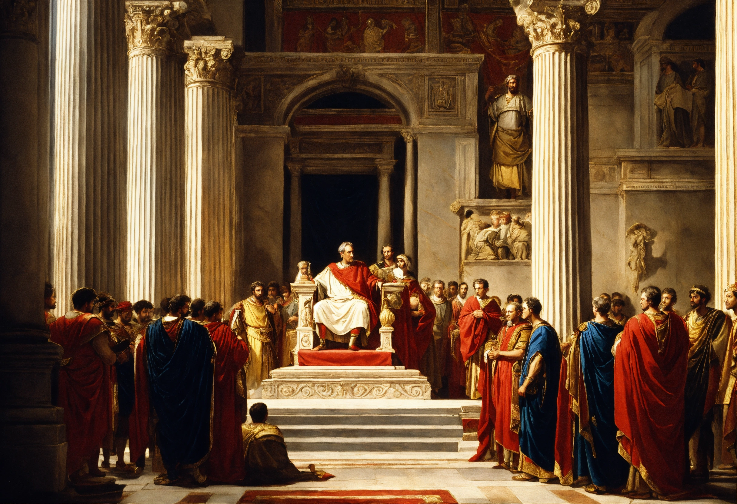 Lexica - Julius Caesar in his court giving order to people.