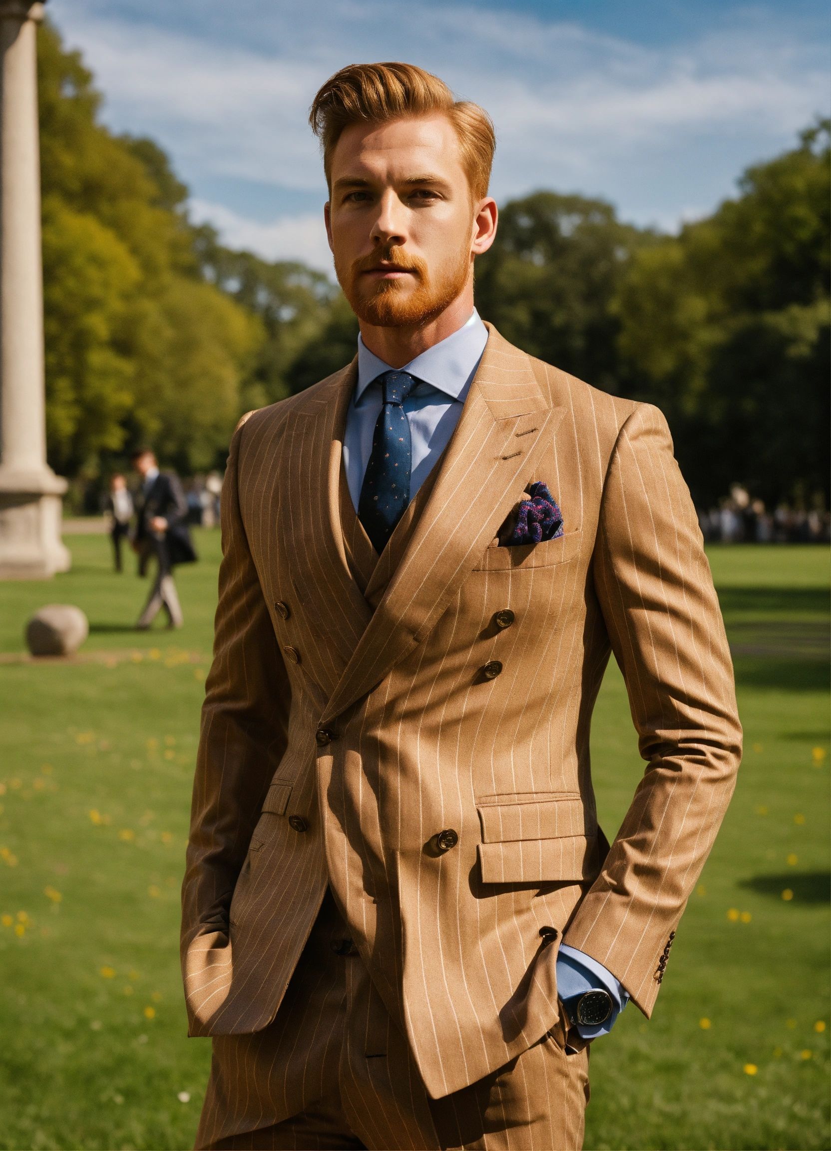 Lexica - A blonde ginger gentleman in light brown pinstripe double ...