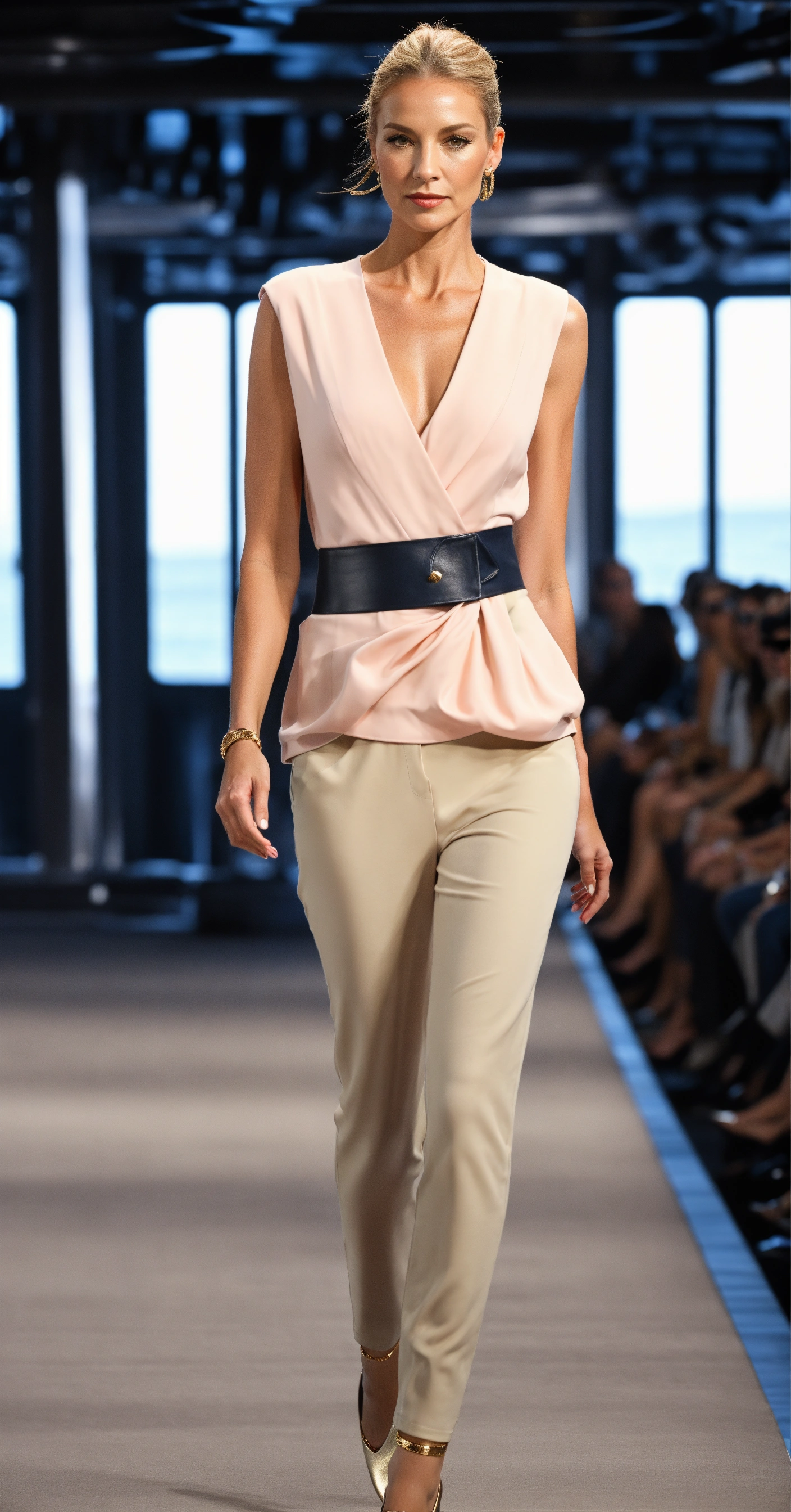 Lexica - 3d realistic photo of female captain walking runway during ...
