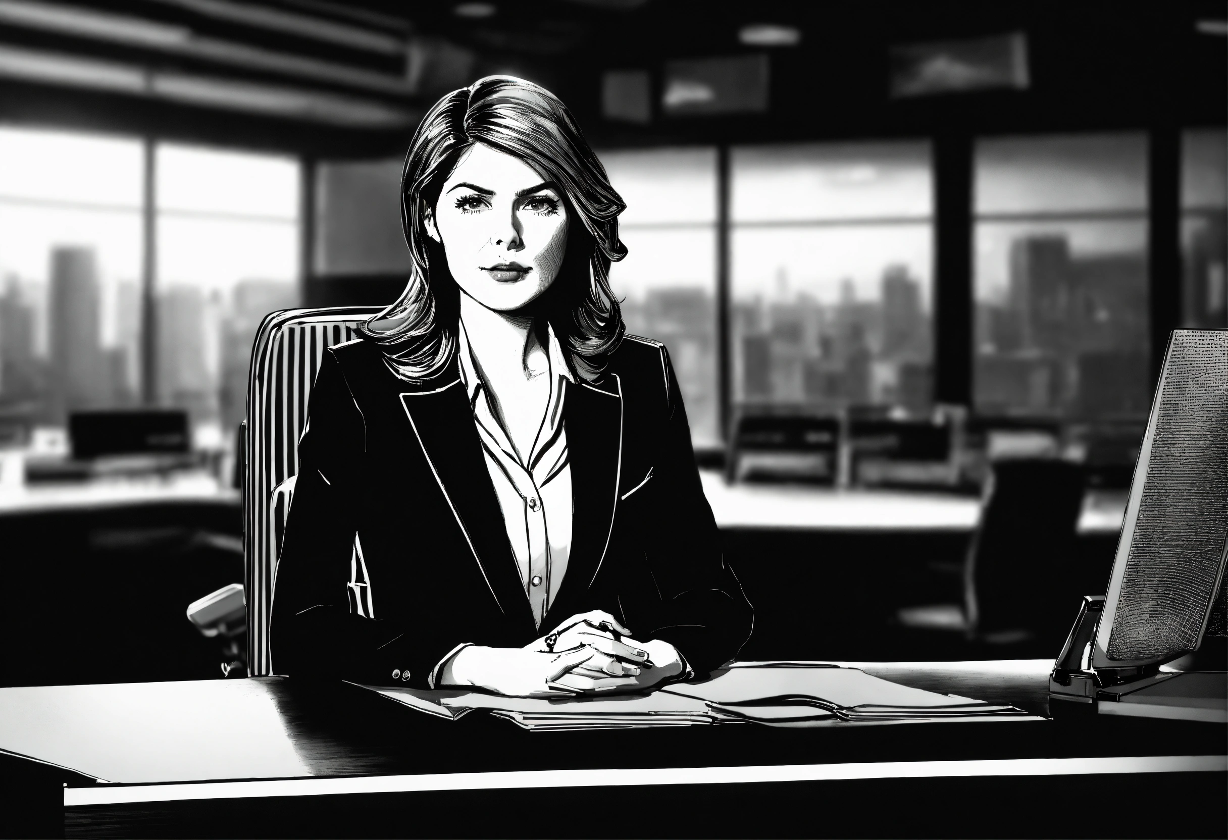 Lexica - Black and white illustration female news reporter, facing ...
