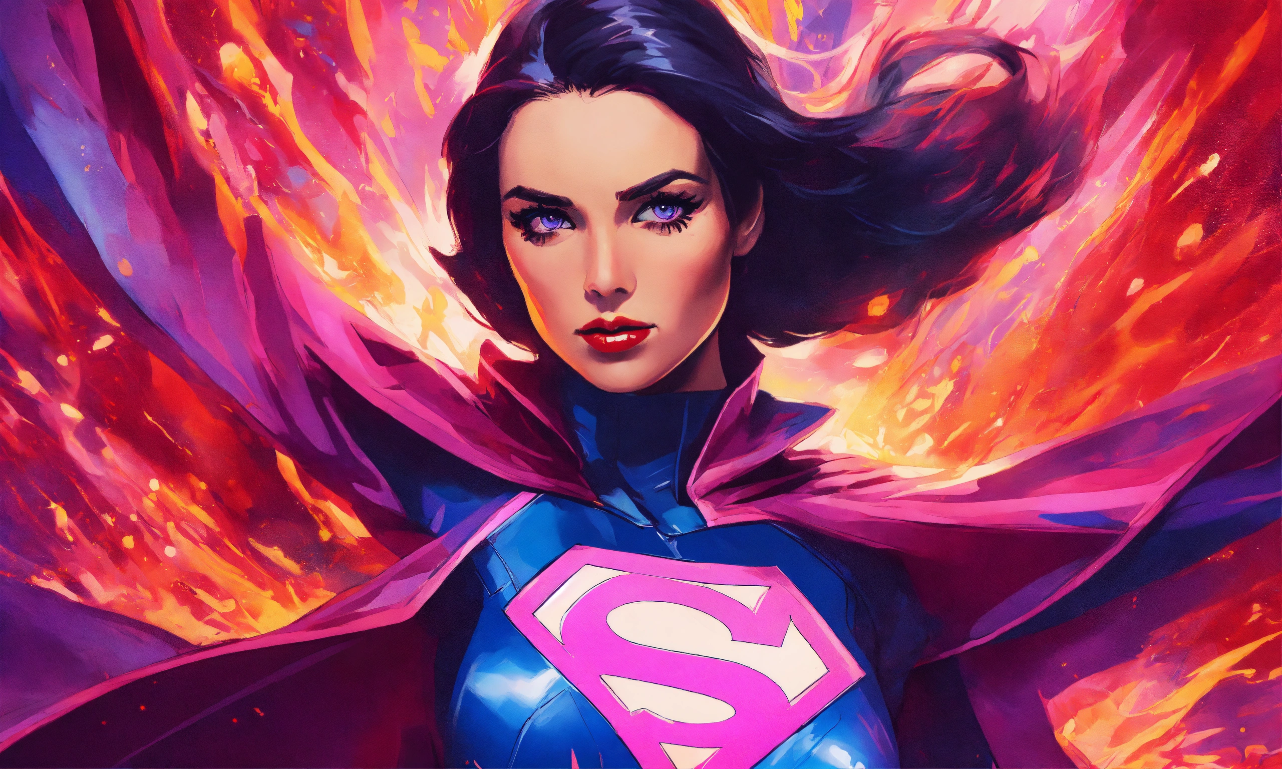 Lexica - Beautiful caped brunette female superhero, action pose, fiery ...