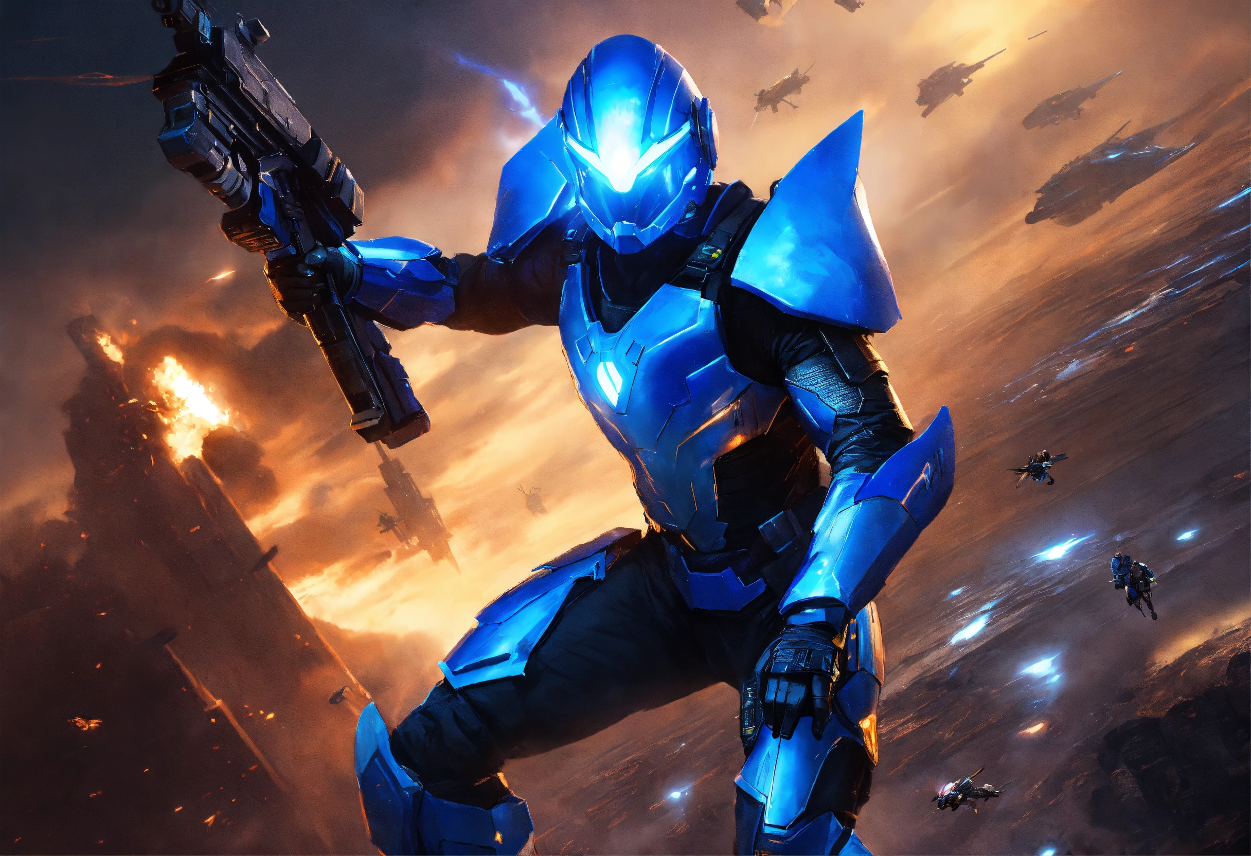 Lexica - Soilder in blue futuristic armor fly over the battleflied ...