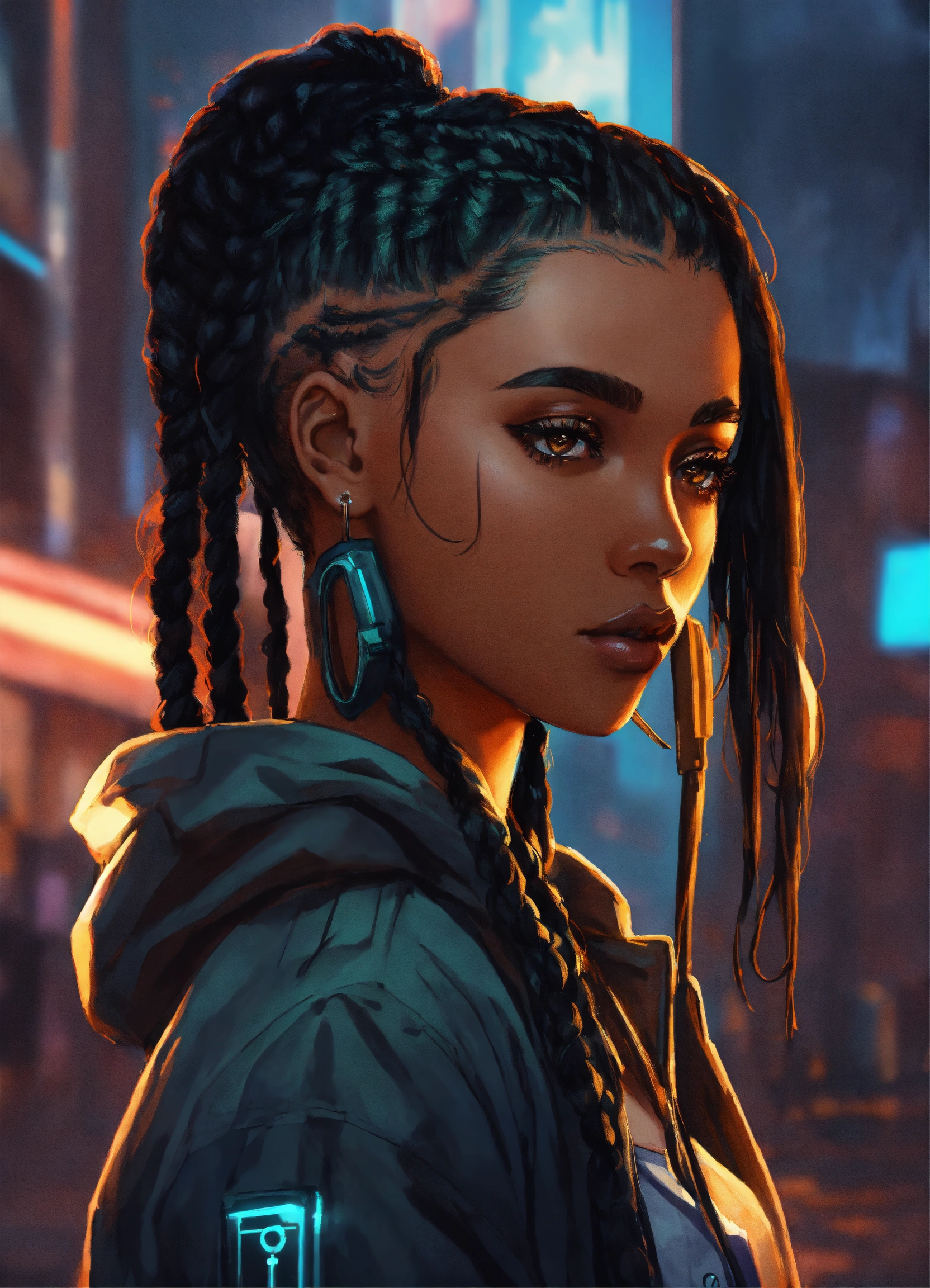 Lexica - Brown skin, black hair, braids, cyberpunk, hoodie, woman