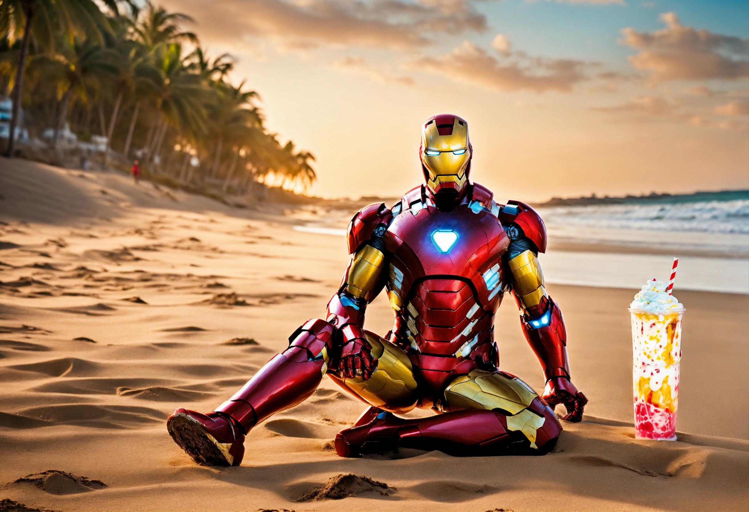 Lexica - Herói iron man, sentado na praia, comendo sorvete e milkshake 8k