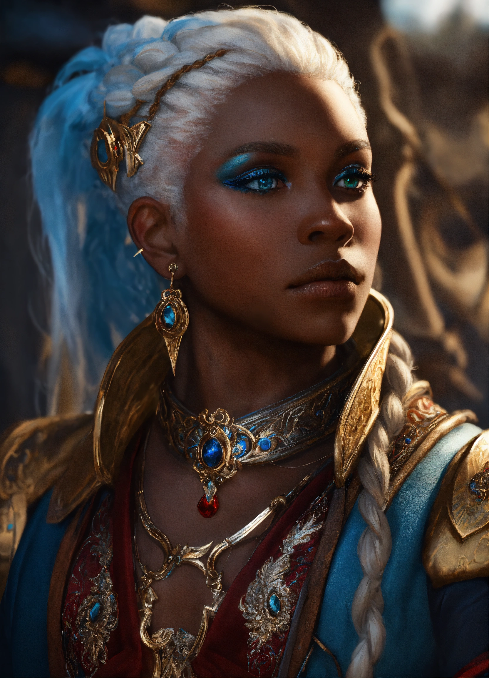 Lexica - Portrait of a dwarf bard, dark skin, braided platinum blonde ...