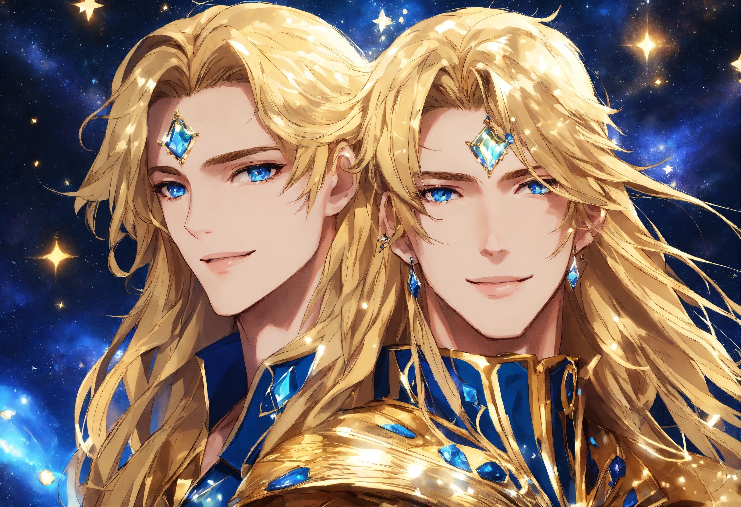 Lexica - Beautiful faces cosmic men long blond hair, smiling, blue and ...