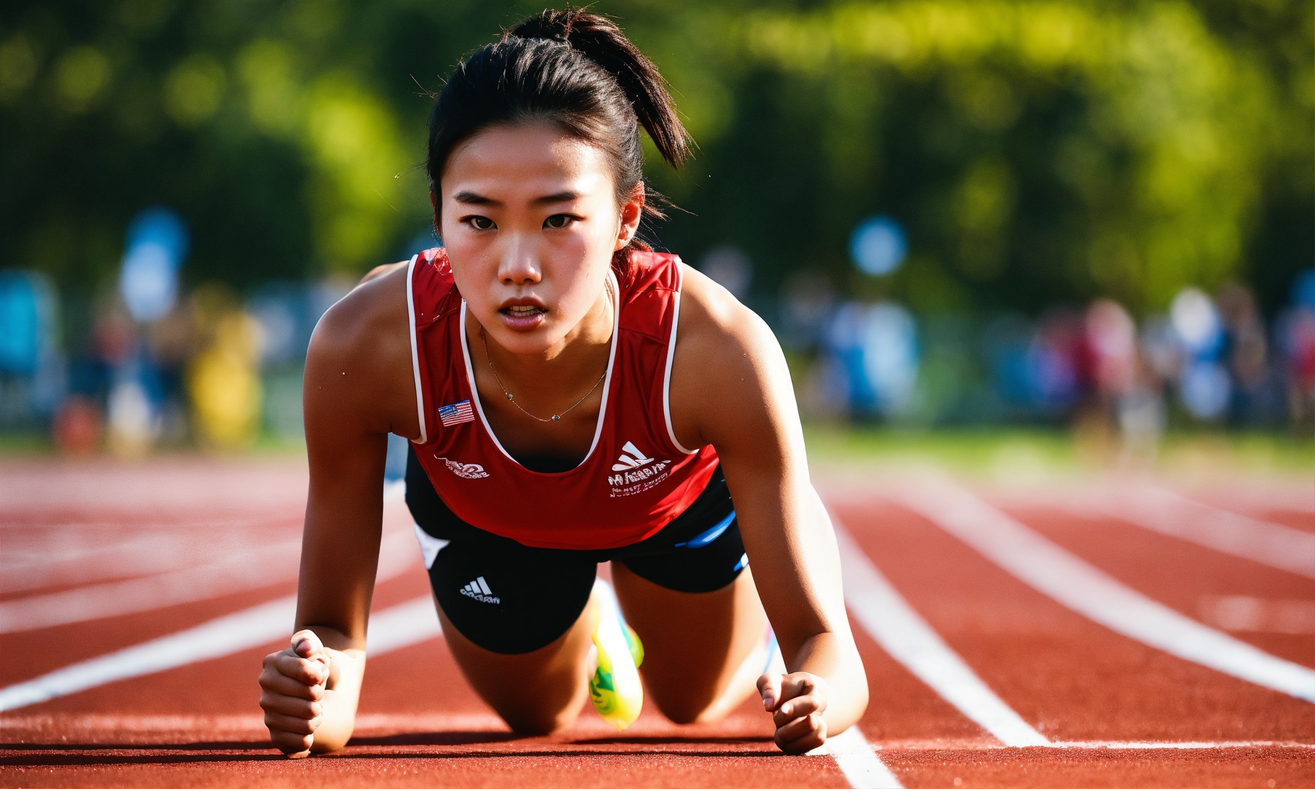 Lexica - Mid-day at a track field. Close-up shot of an 18-year-old ...