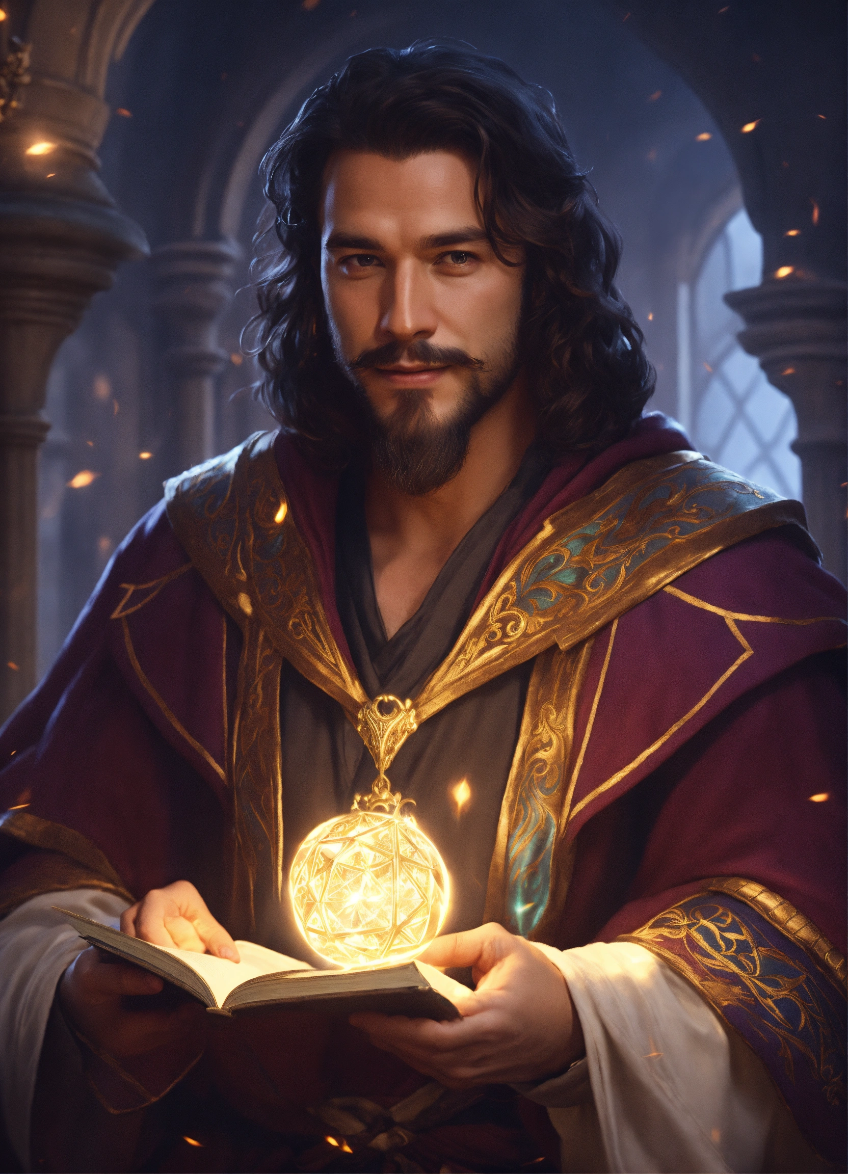 Lexica - Dark medium hair, french goatee, smirk, wizard robes, creating ...