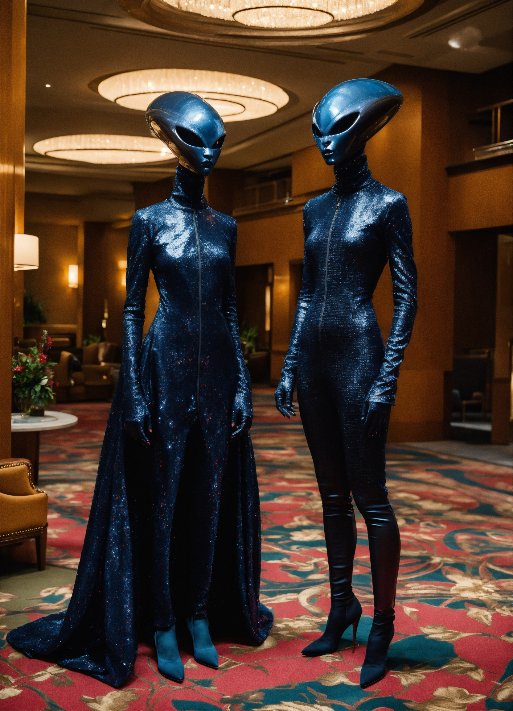 Lexica - Two human looking aliens with obsidian skin, dressed in haute ...