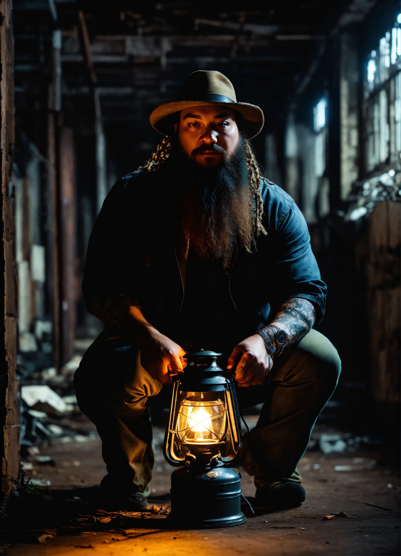 Lexica - Bray Wyatt, holding a lantern, in an abandoned industrial ...