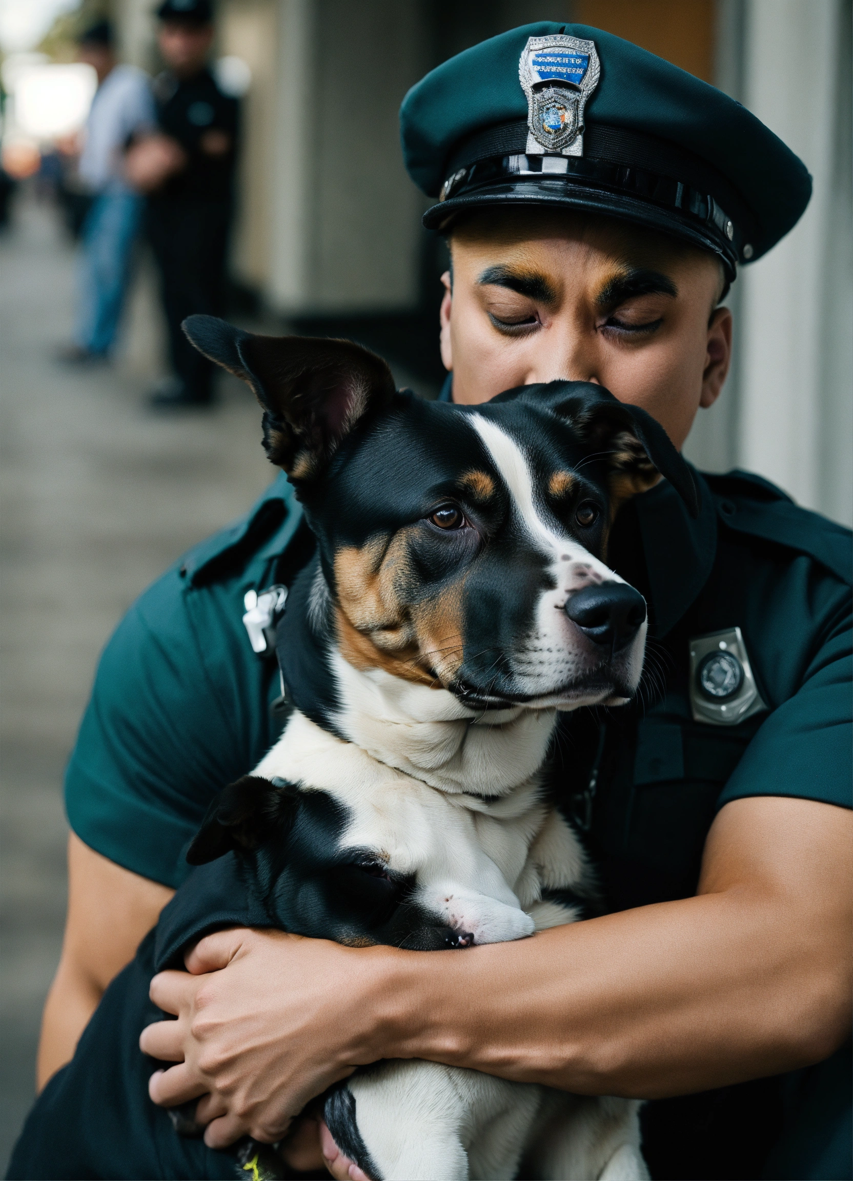Lexica - A dog in a security guard's cap cuddles with a robber