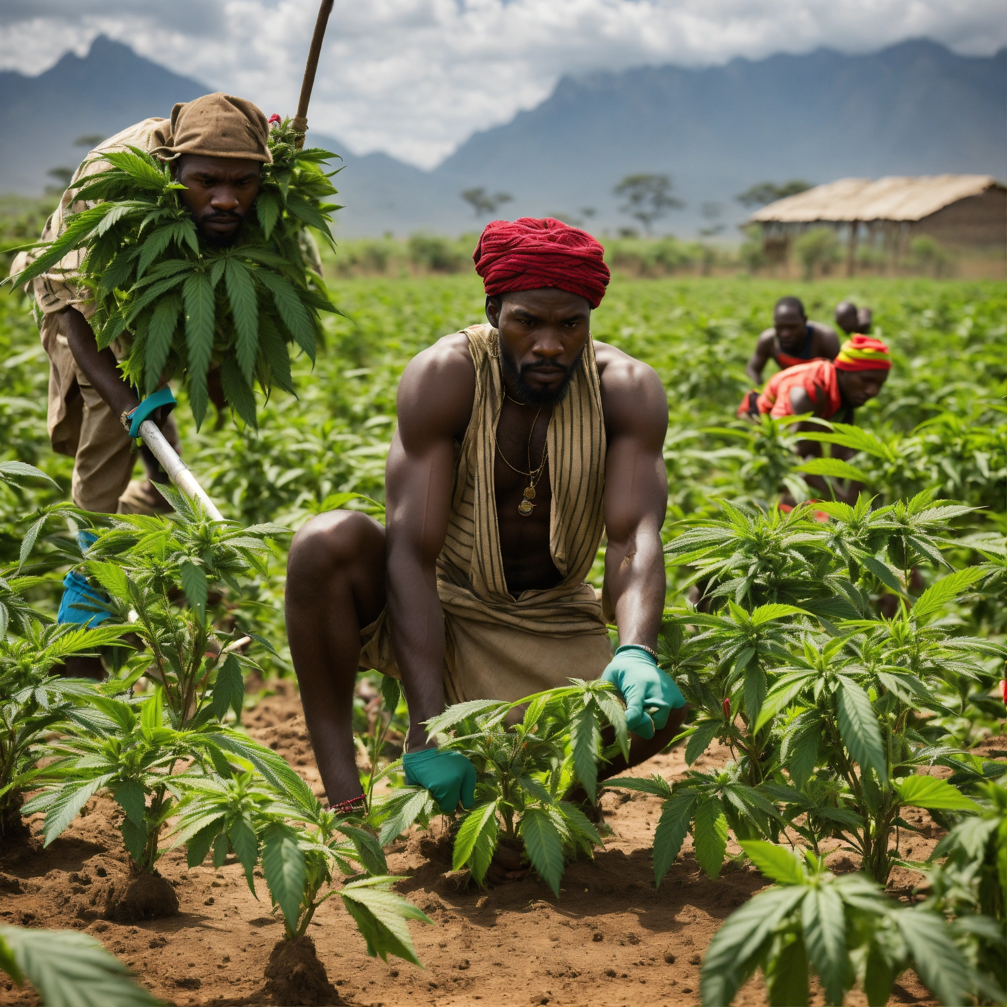 Lexica - Tough African men fielding the plots of a ganja farm