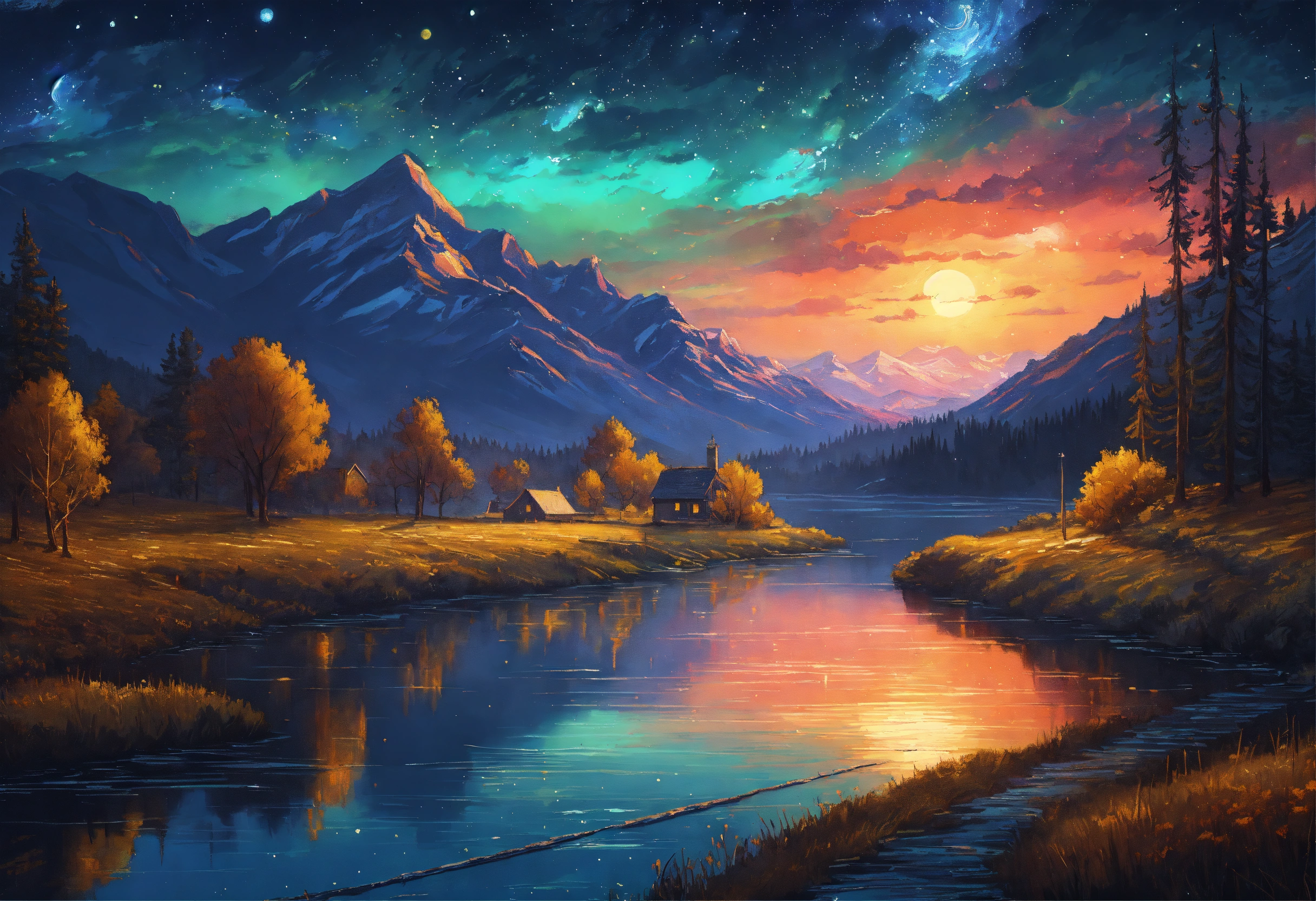 Lexica - A painting of a starry night over a river, scenery artwork ...
