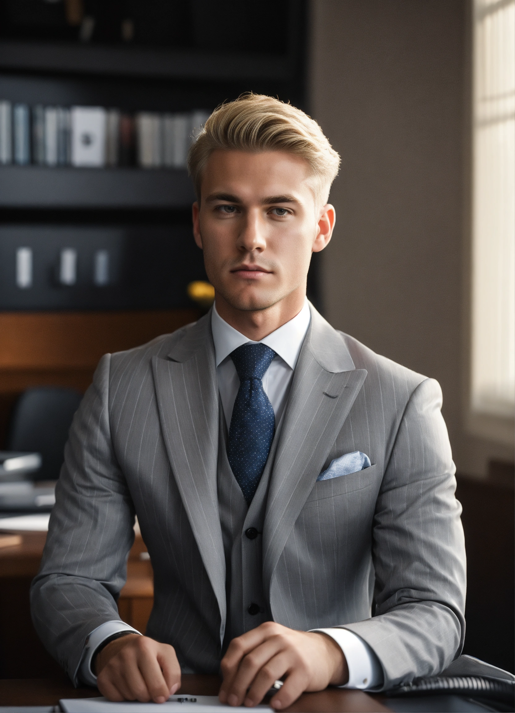 Lexica - A young blonde male executive in light grey pinstripe vested ...