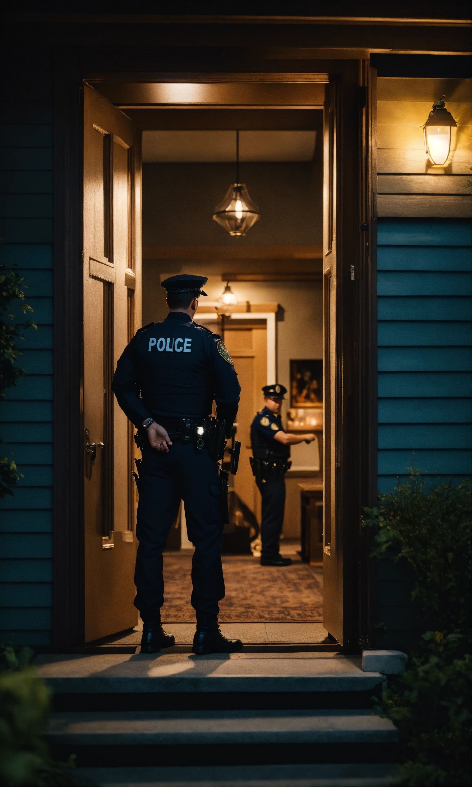 Lexica - A man standing at the door of his house, while police officers ...