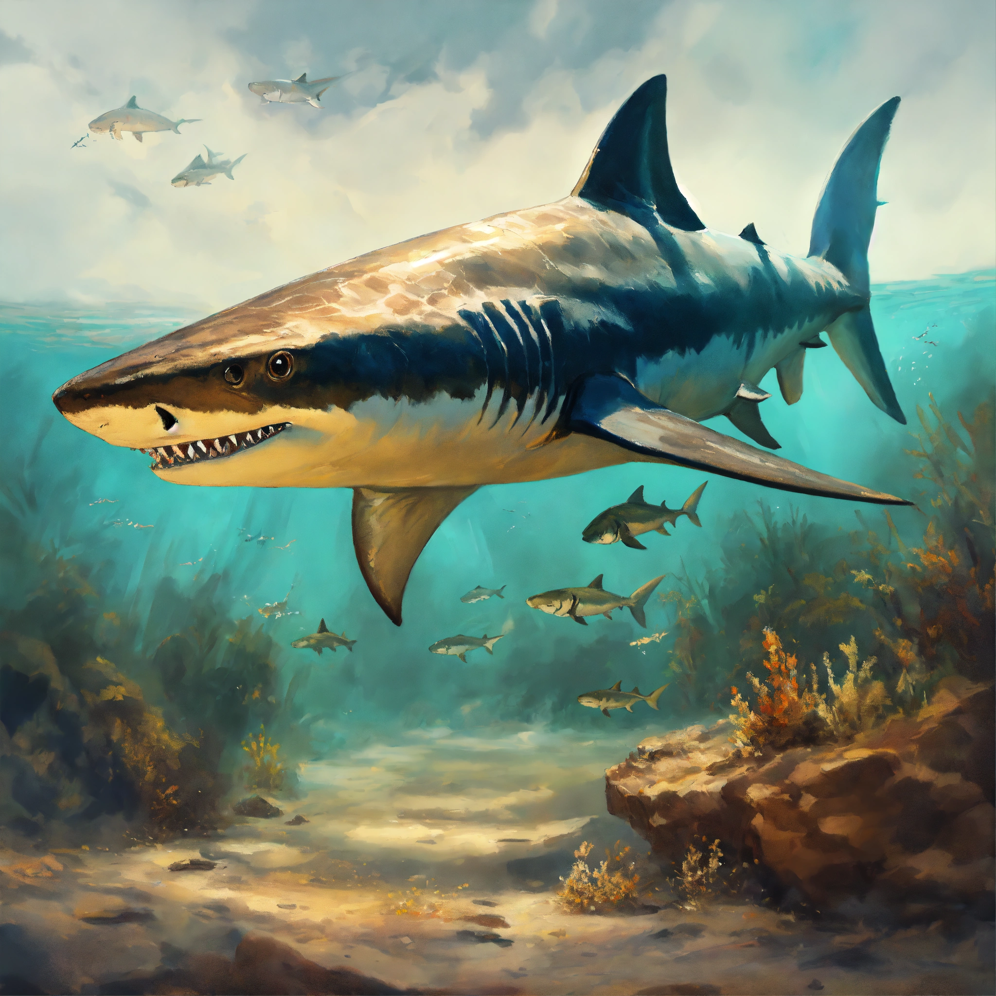 Lexica - Oil paint concept art of an ancient prehistoric shark, oil ...