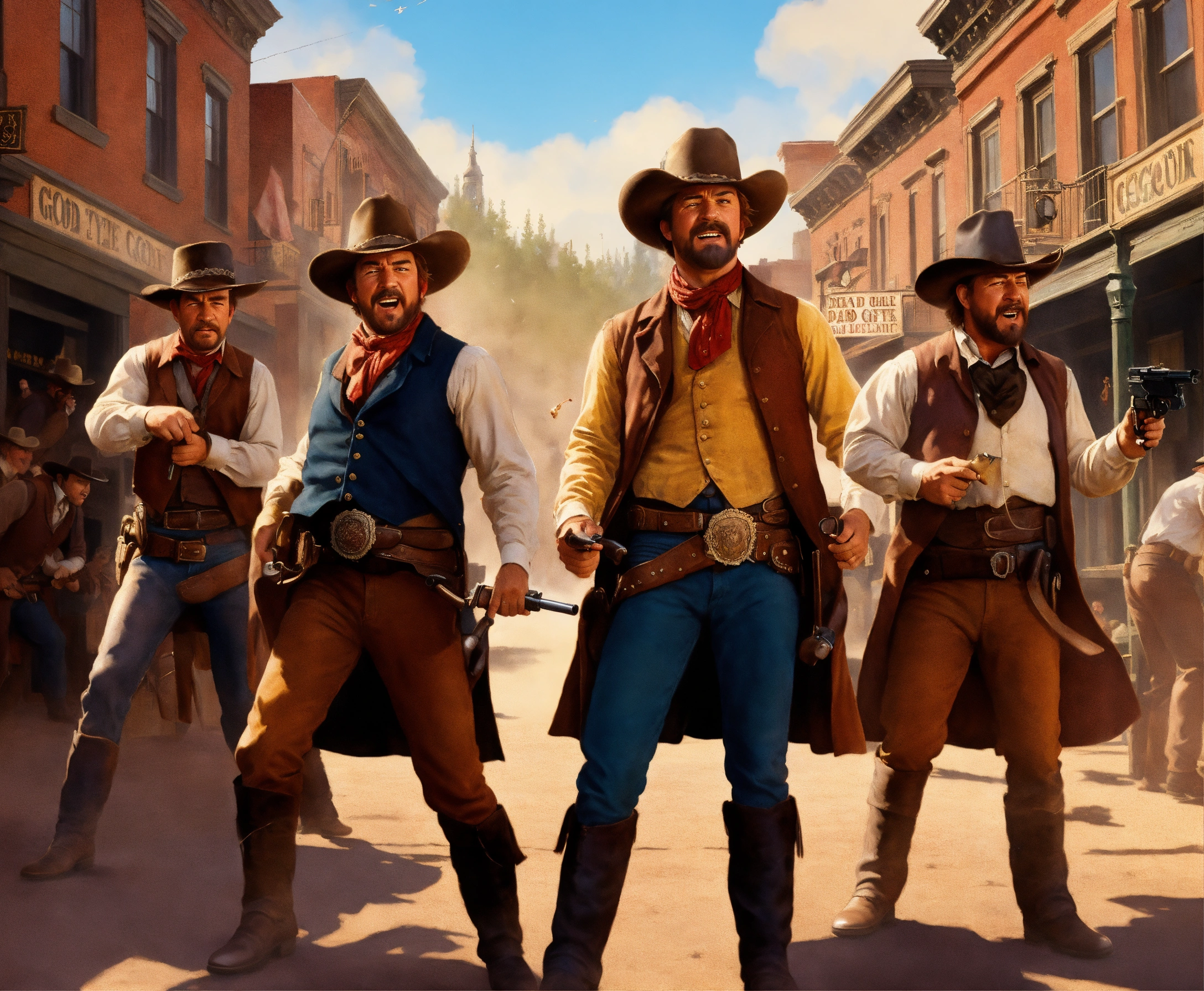 Lexica - A comical gang of goofy looking drunk cowboys happily fire ...