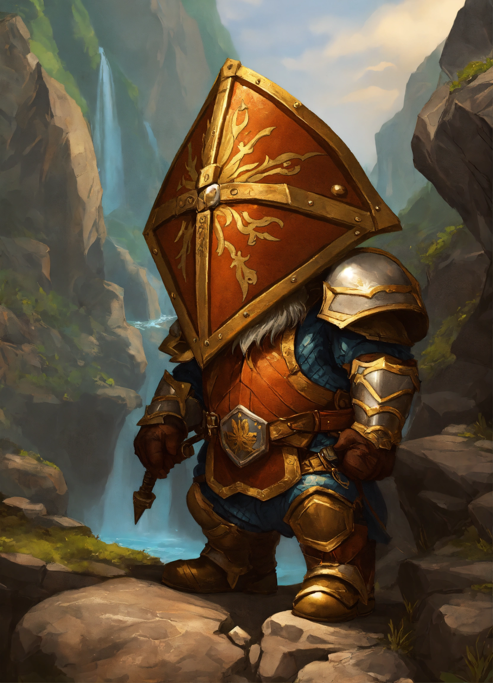 Lexica - A dwarf in full armor holding a shield over his head as if ...