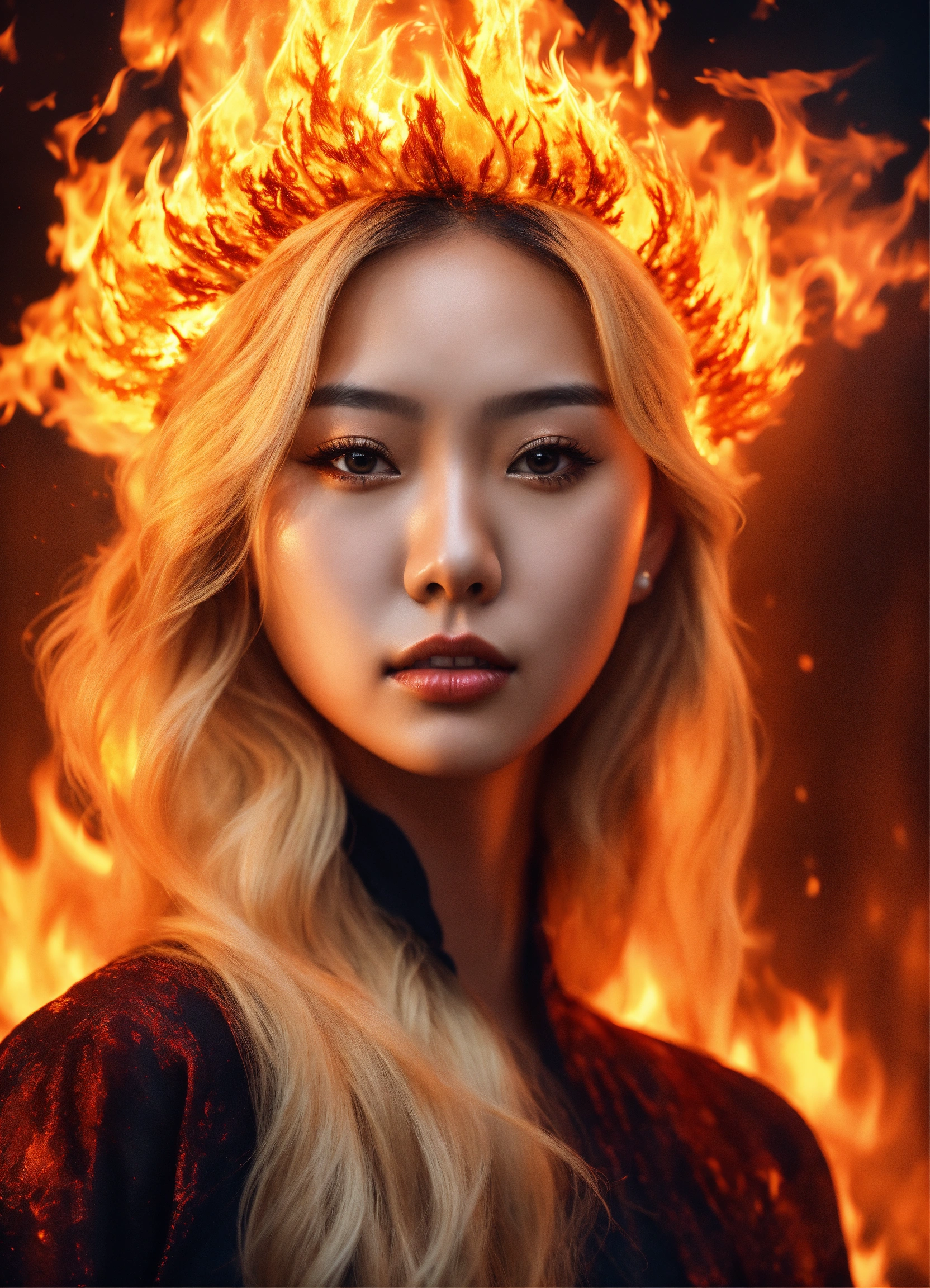 Lexica - A korean blonde woman made out of fire and she has hair made ...