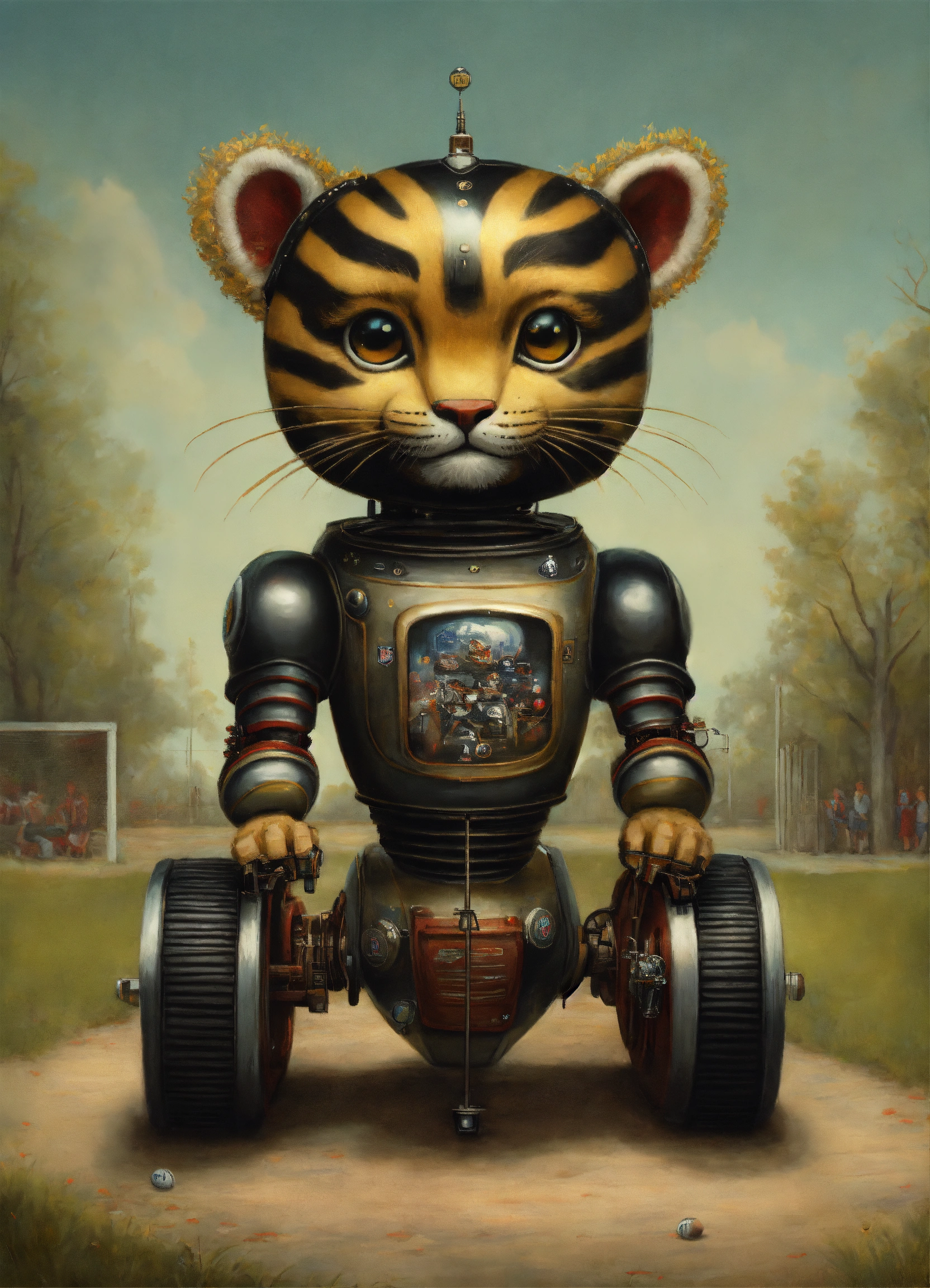 Lexica - A nfl player robot ride a robot black tiger, by Mark Ryden