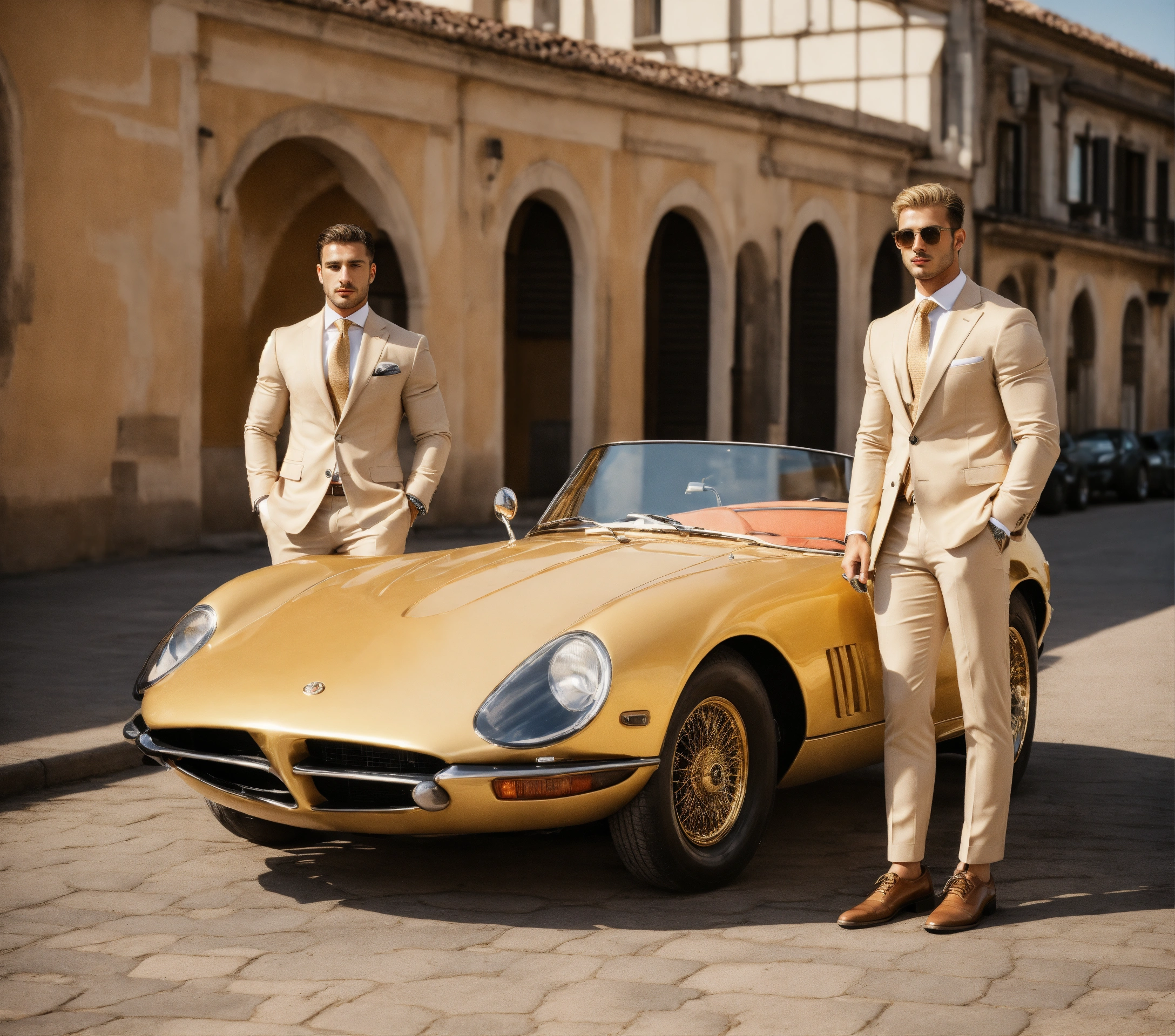 Lexica - Two young muscled Italian sportsmen in light beige suit ...