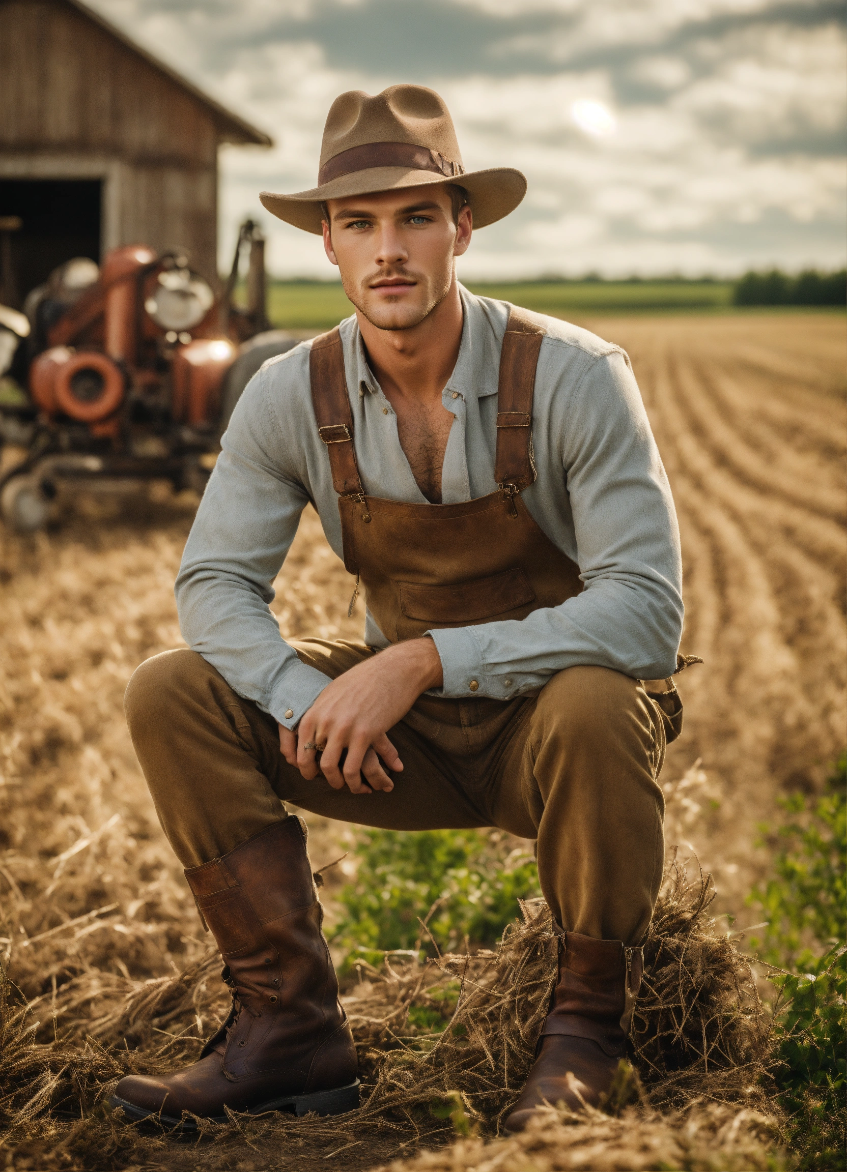 Lexica - Photo essay of handsome German male model, in a vintage farm ...