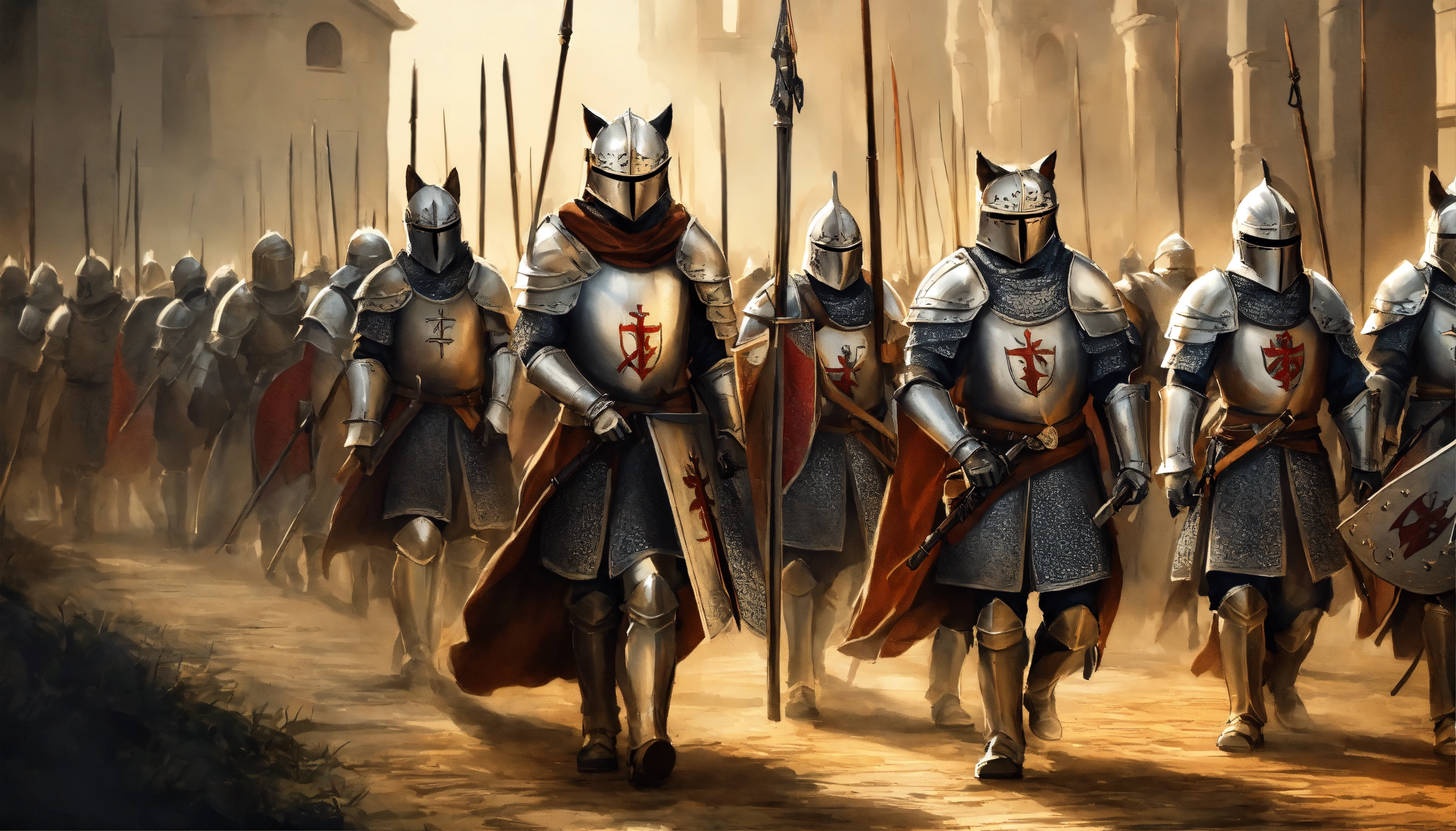 Lexica - An anthropomorphic cat wearing Teutonic knight armor marching ...