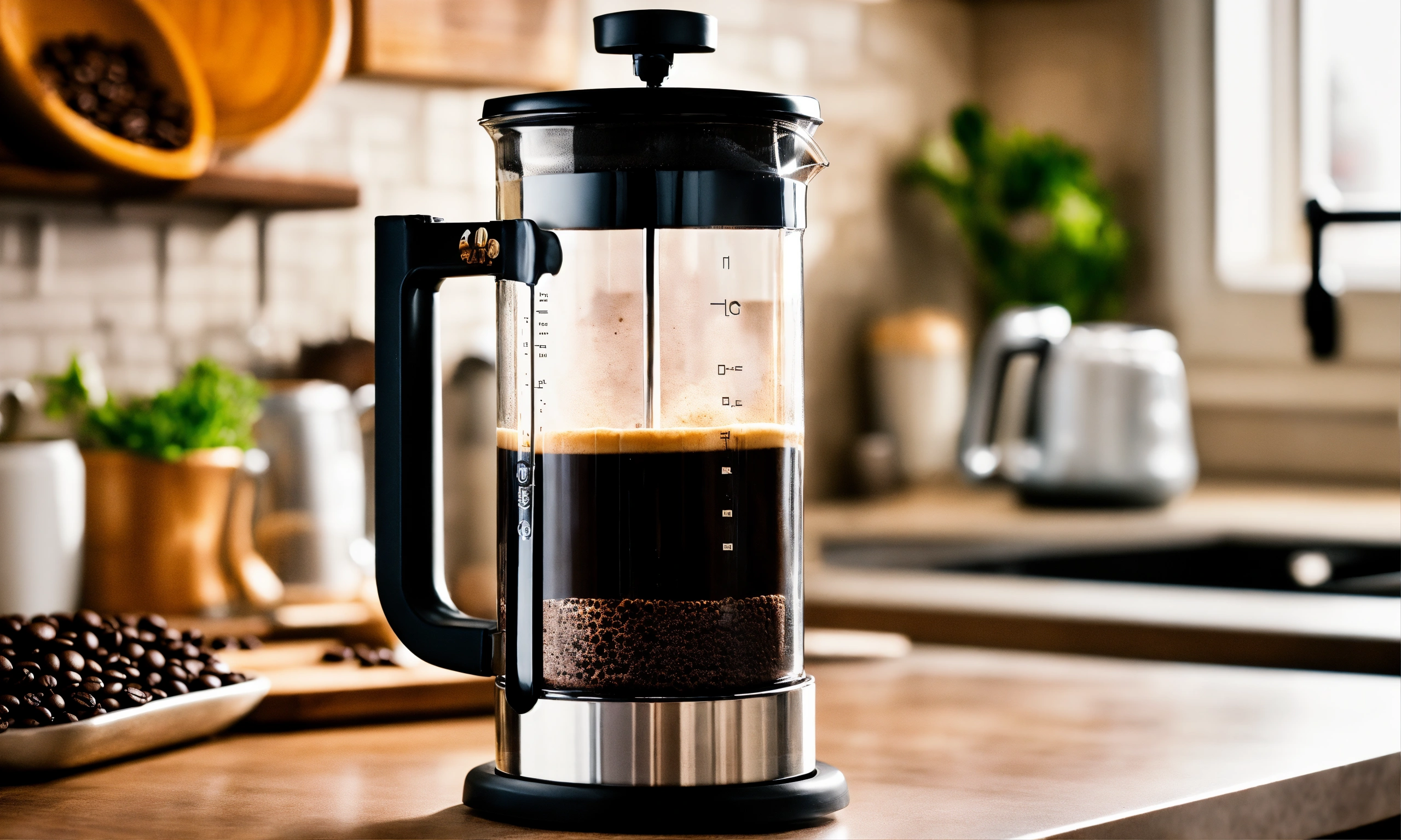 Lexica - Generate an image of a French press along with freshly ground ...