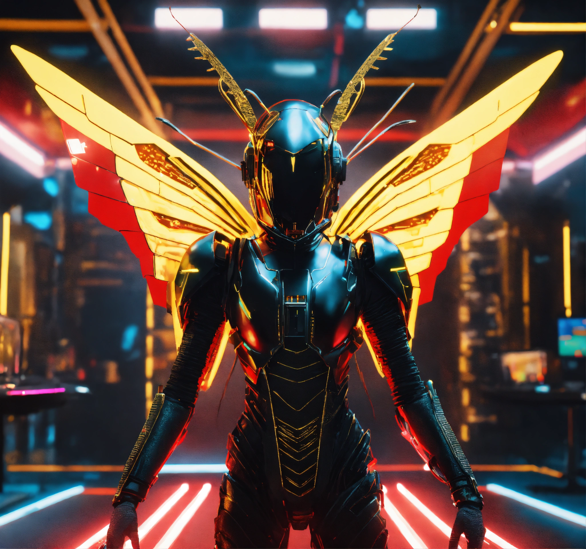 Lexica - Zoom out of standing black cockroach face humanoid with red ...