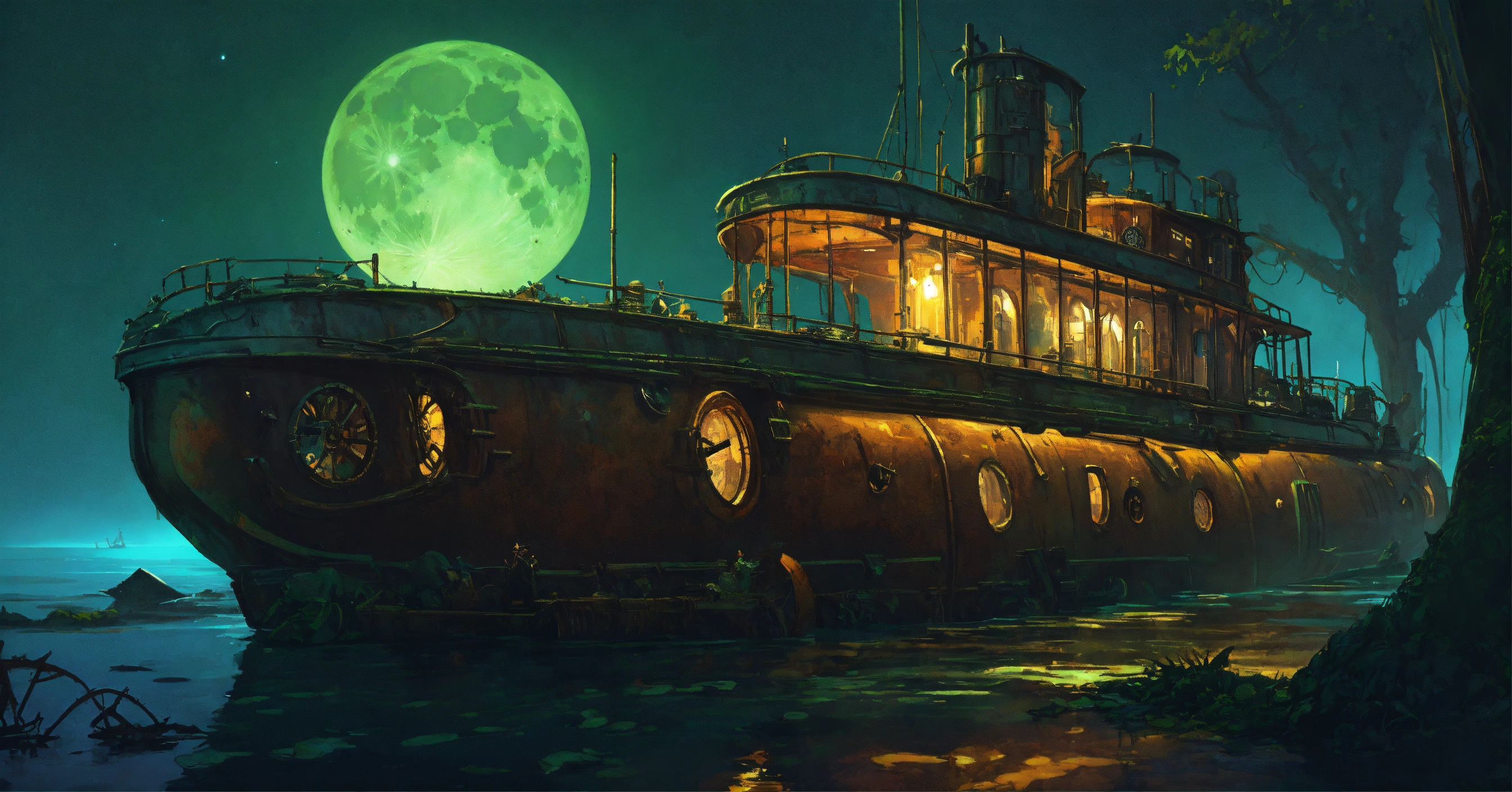 Lexica - Beached overgrown steampunk submarine tilted rusty shipwreck ...
