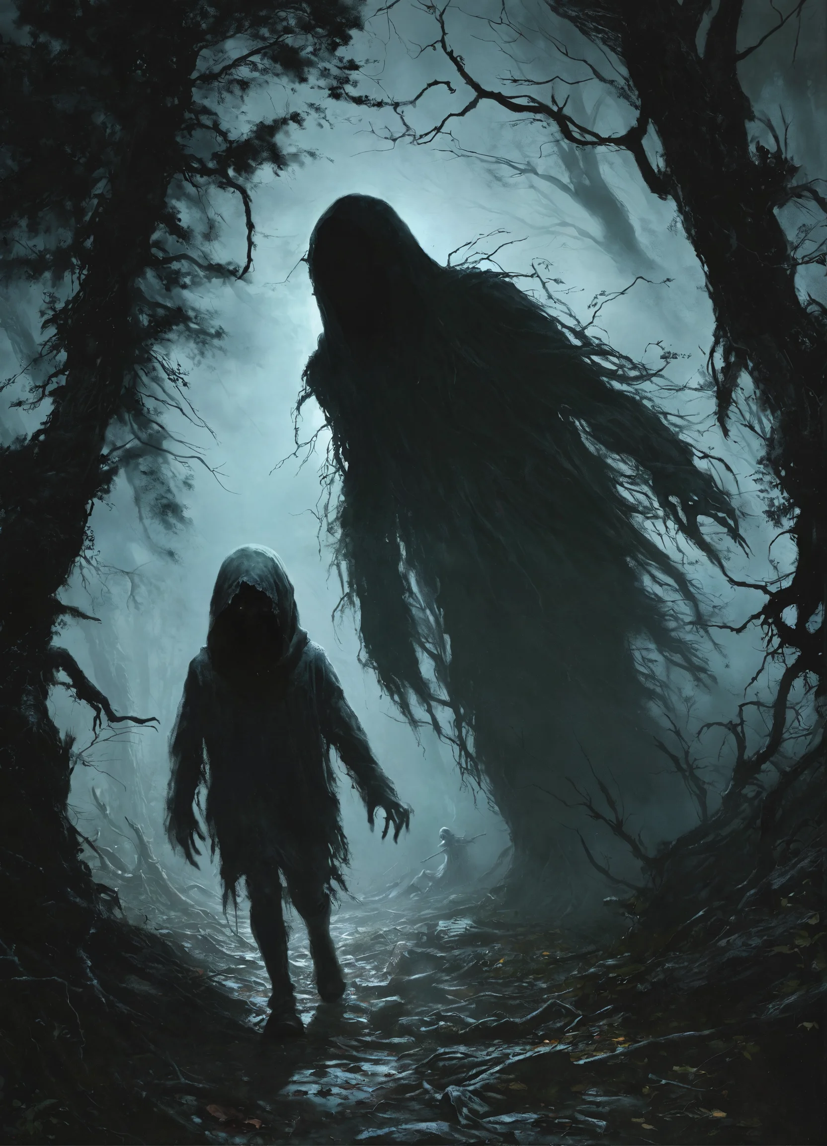 Lexica - Creepy looking ghost in dark forest, boy looking in front of ...