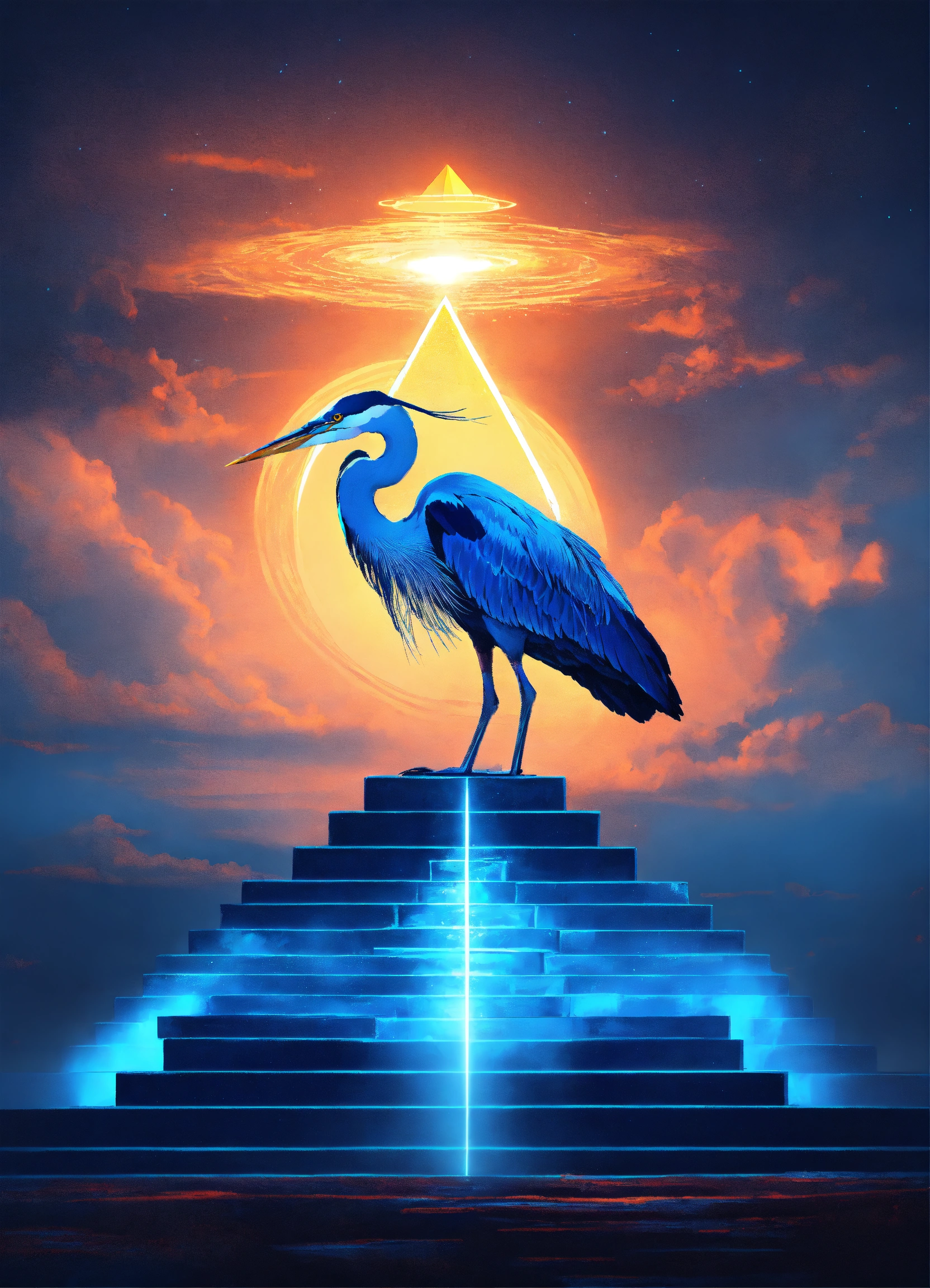 Lexica - A glowing blue Heron on top of a pyramid, glowing a blue energy