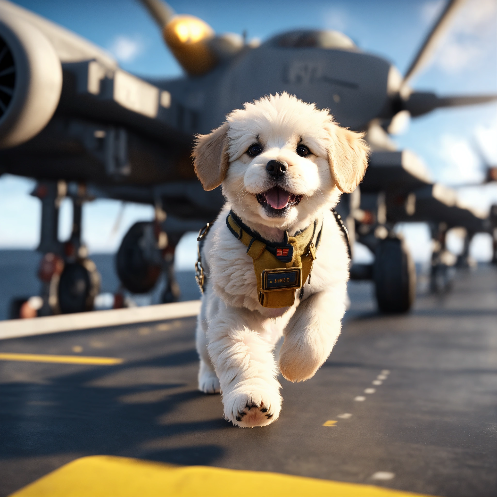 Lexica - A cute fluffy puppy captain walking on a military aircraft ...