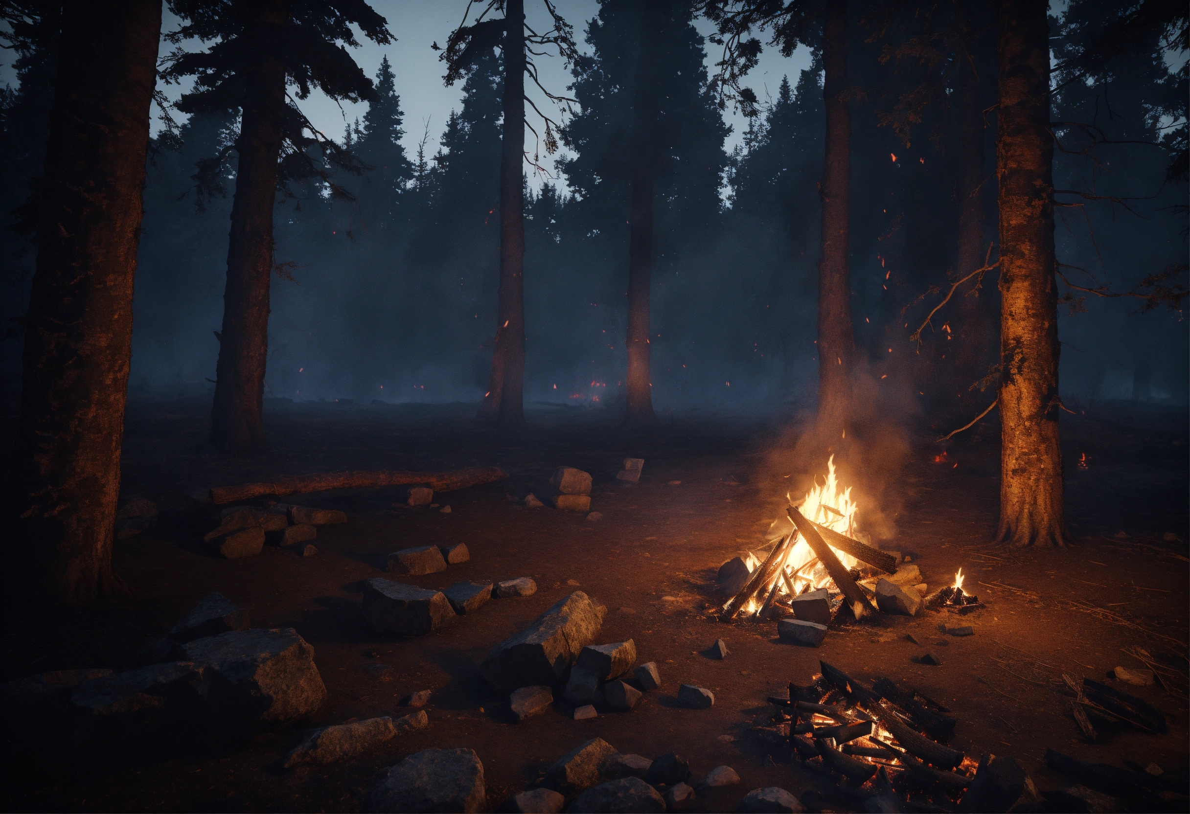 Lexica - Unreal engine, camp fire in the woods, dark, night, alone