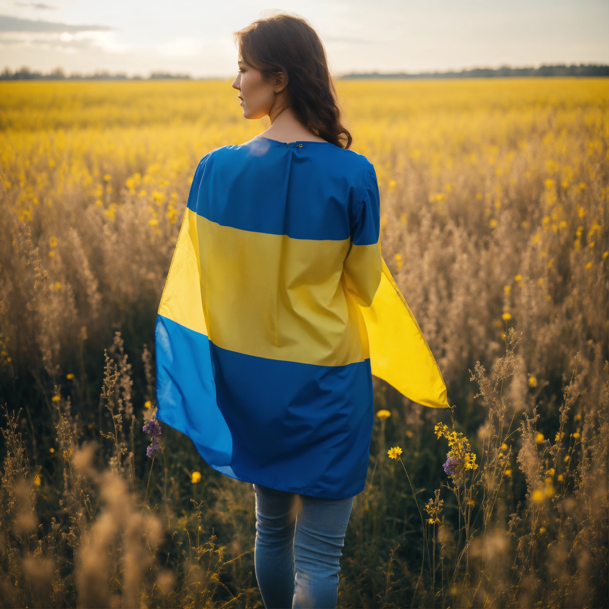 Lexica - 30 years old woman in a field, with Ukraine flag, СOLOR Blue ...