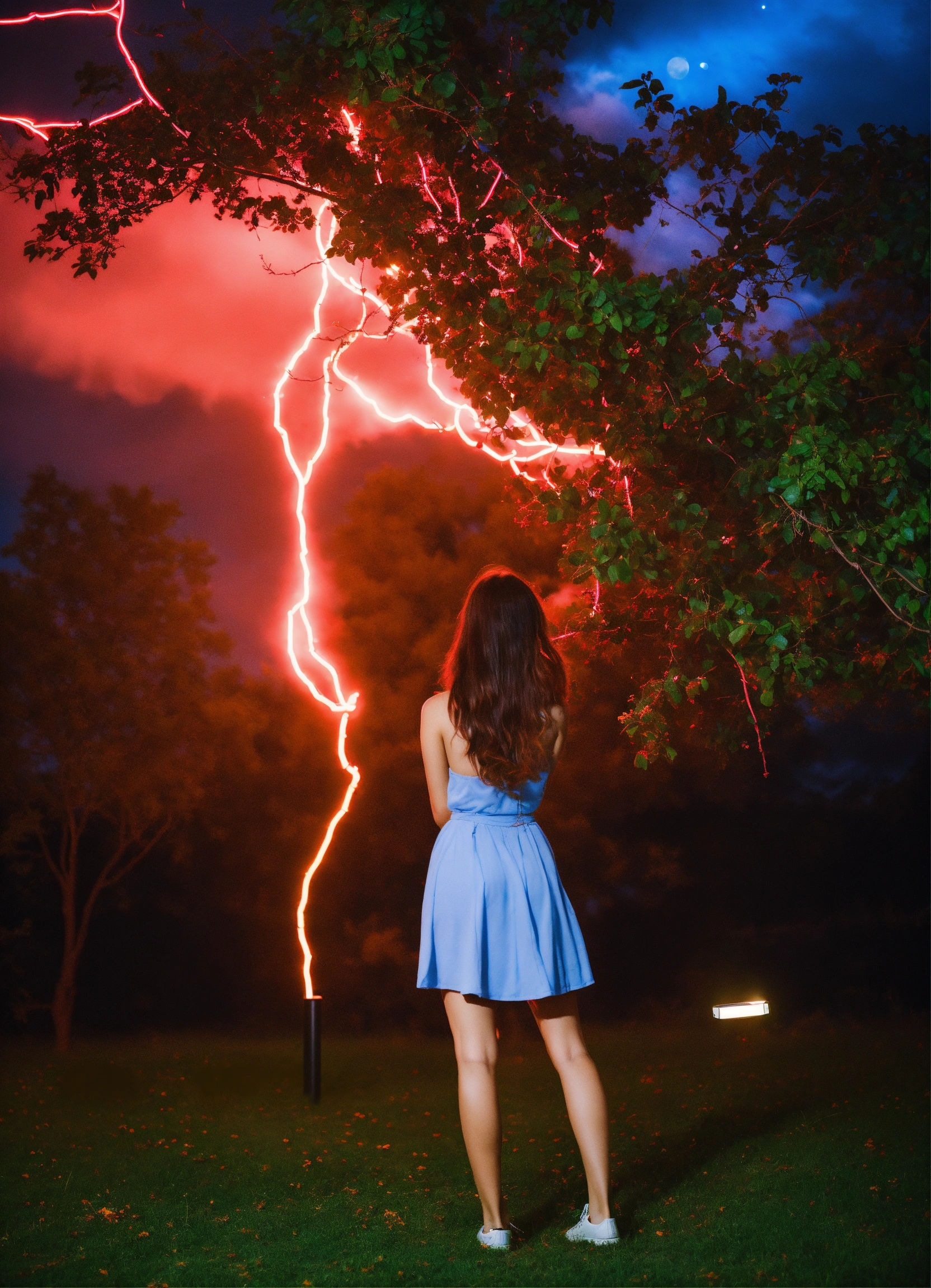 Lexica - Woman, beautiful tree lightning with strobe light, sky with ...