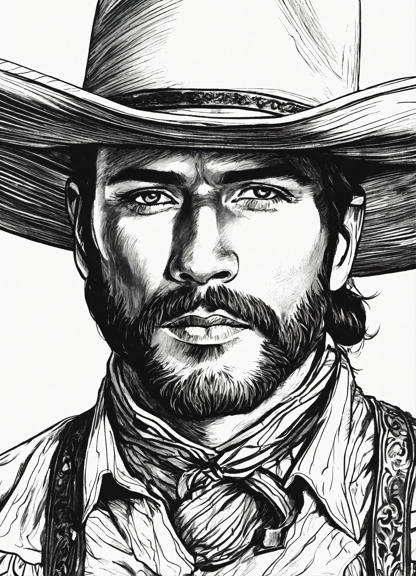 Lexica - Black and white line drawing of vaquero man, upper body, white ...