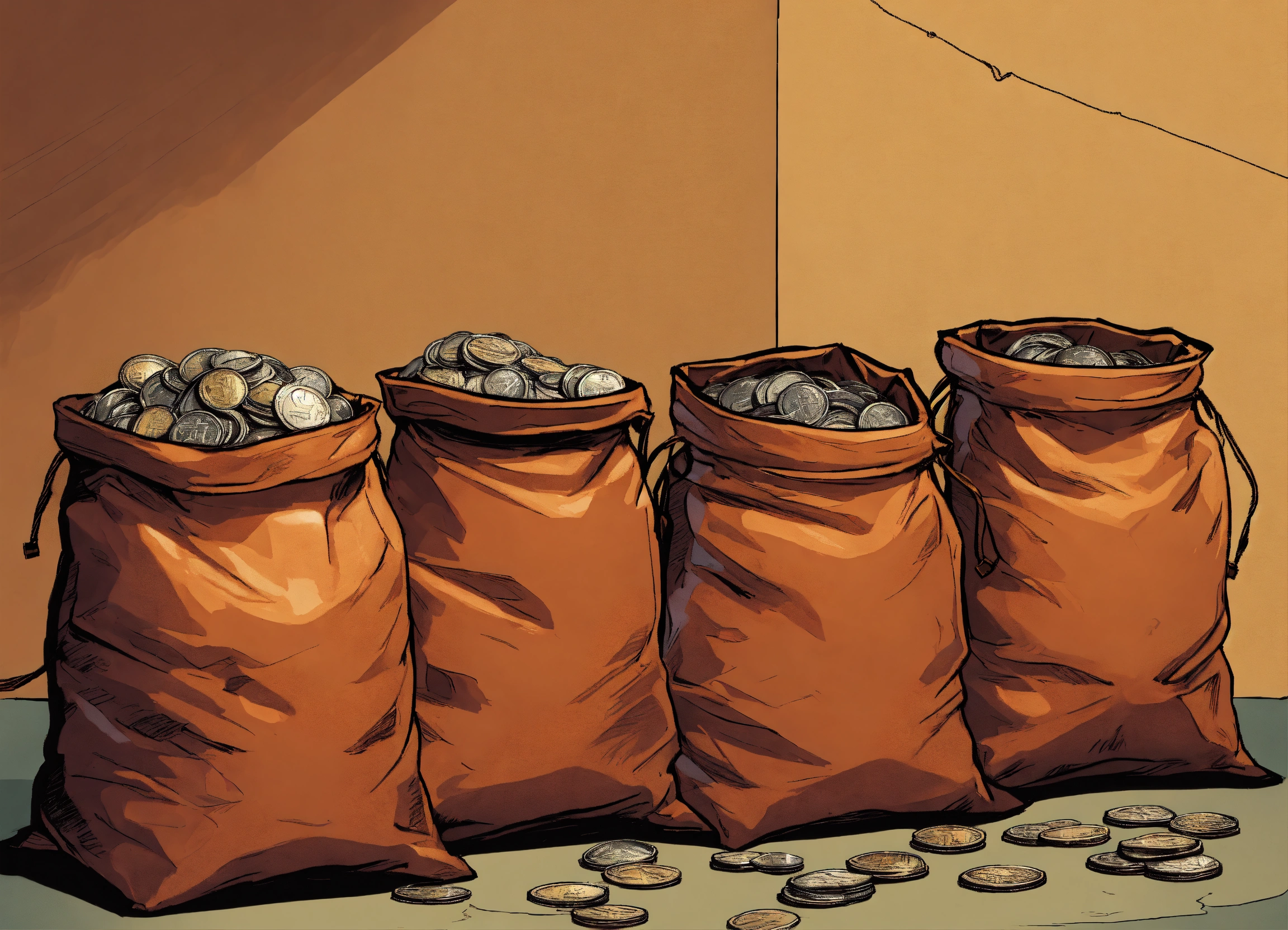 Lexica - Leather sacks of coins, in graphic novel art form