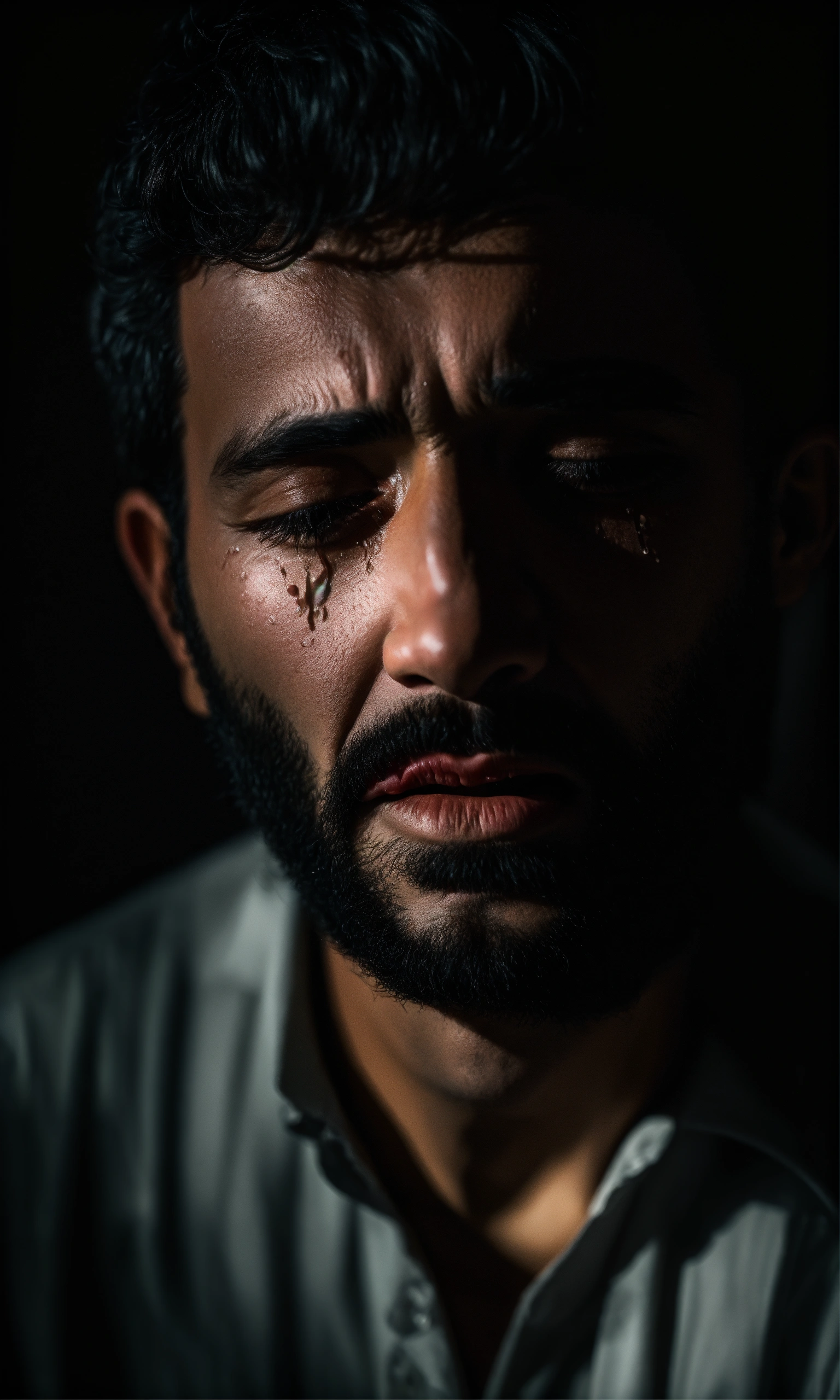 Lexica - Middle eastern man crying in darkness, a ray of light shining ...