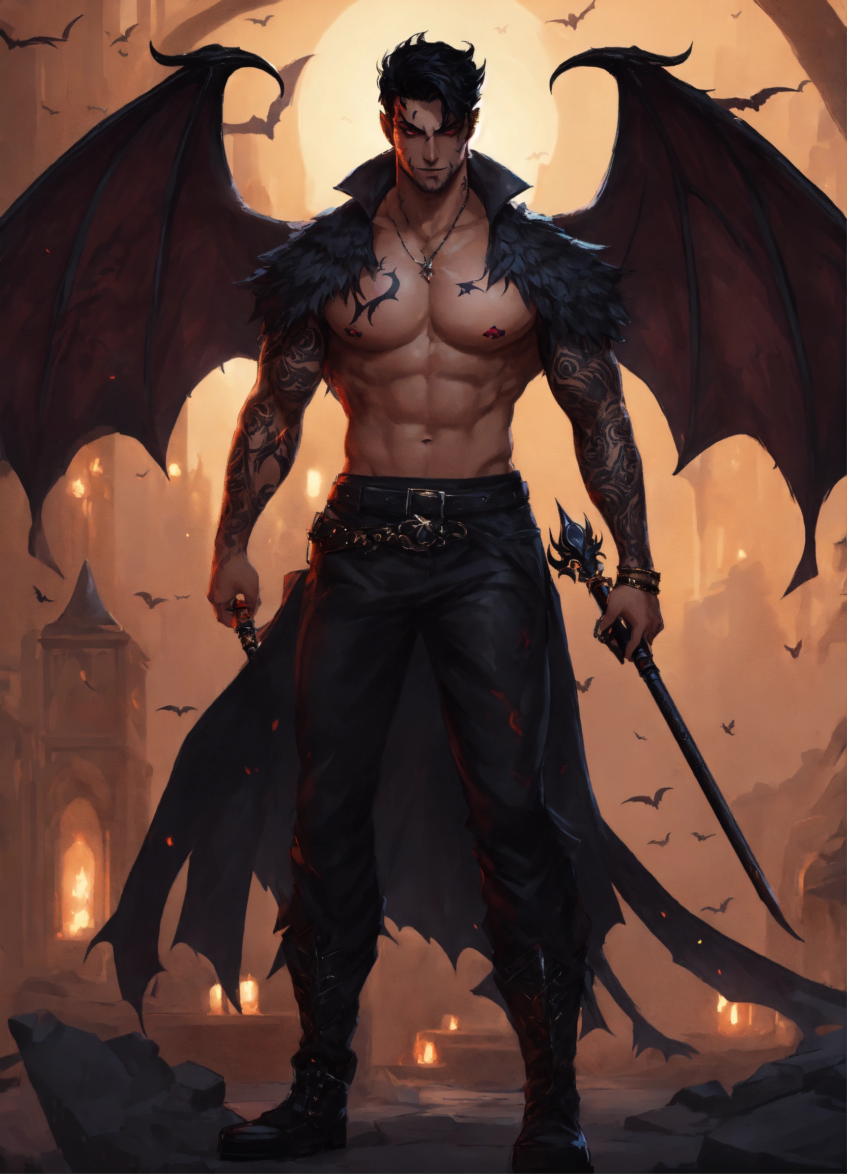 Lexica - A handsome half demon man with short black hair, dark eyes and ...