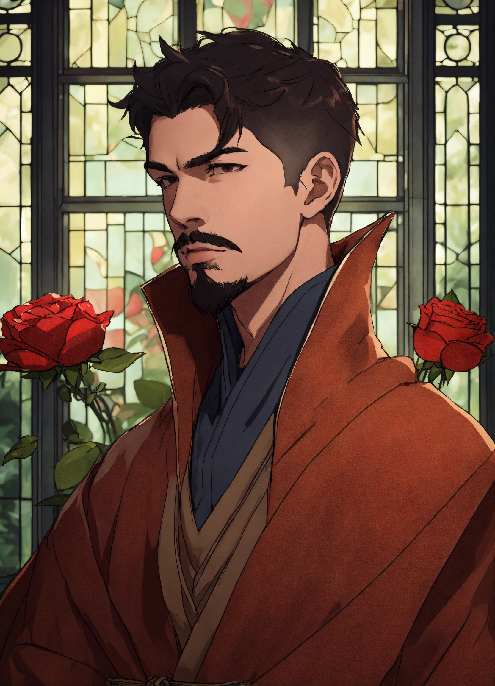 Lexica - Dark short hair, smug, french goatee, clay colored wizard ...