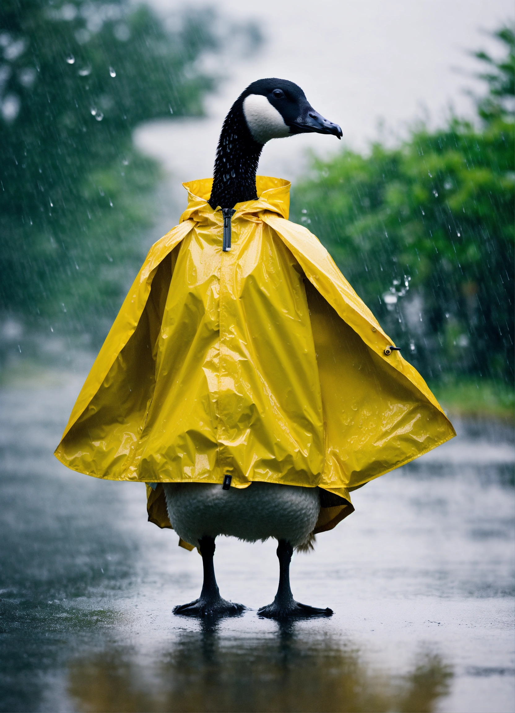 Lexica - A goose in the rain wearing a rainjacket
