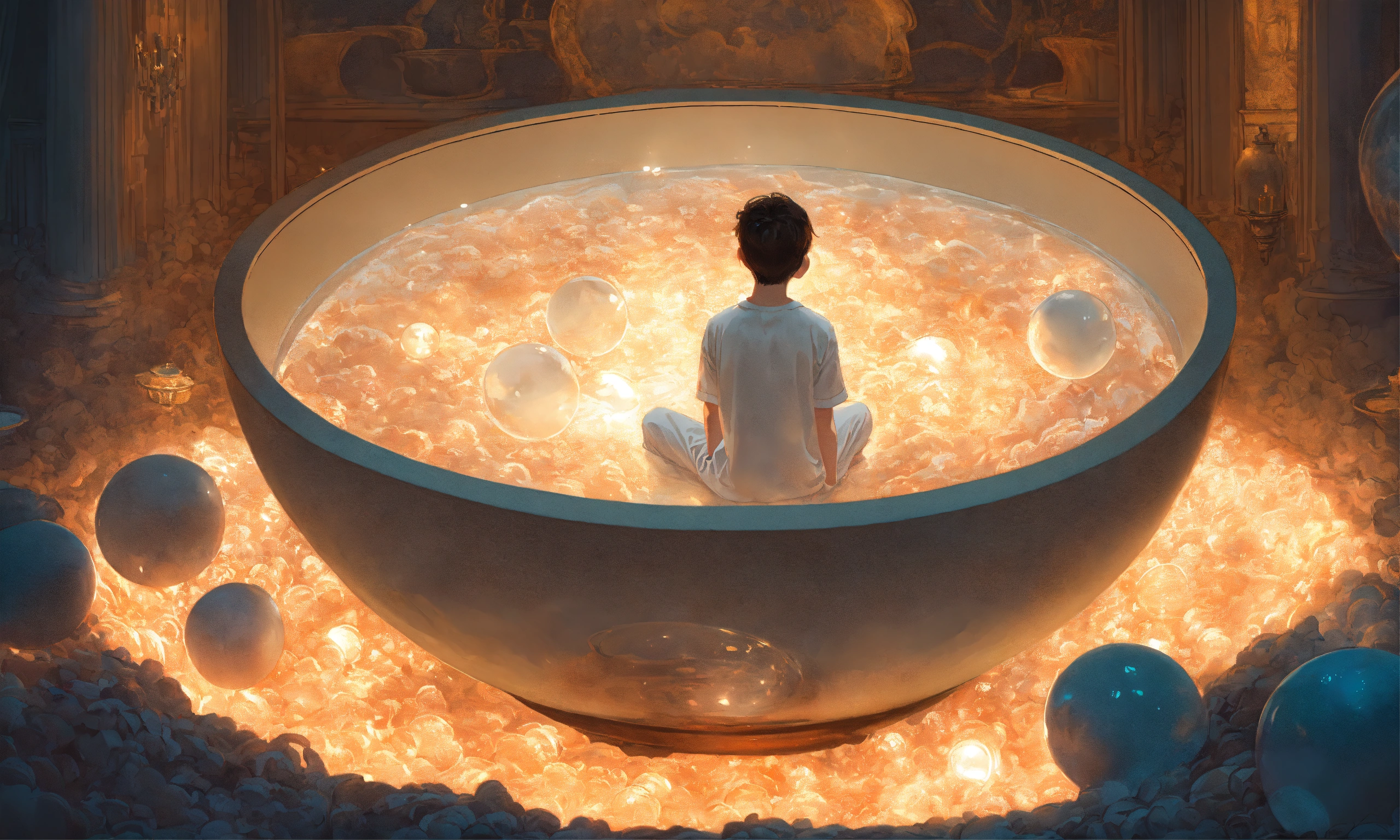 Lexica - A pale brune boy in white pijamas floating inside a giant bowl ...